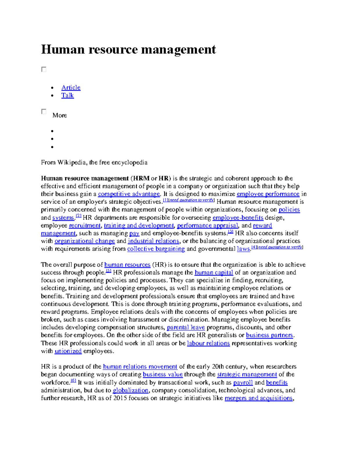 Human resource management - Human resource management Article Talk More ...