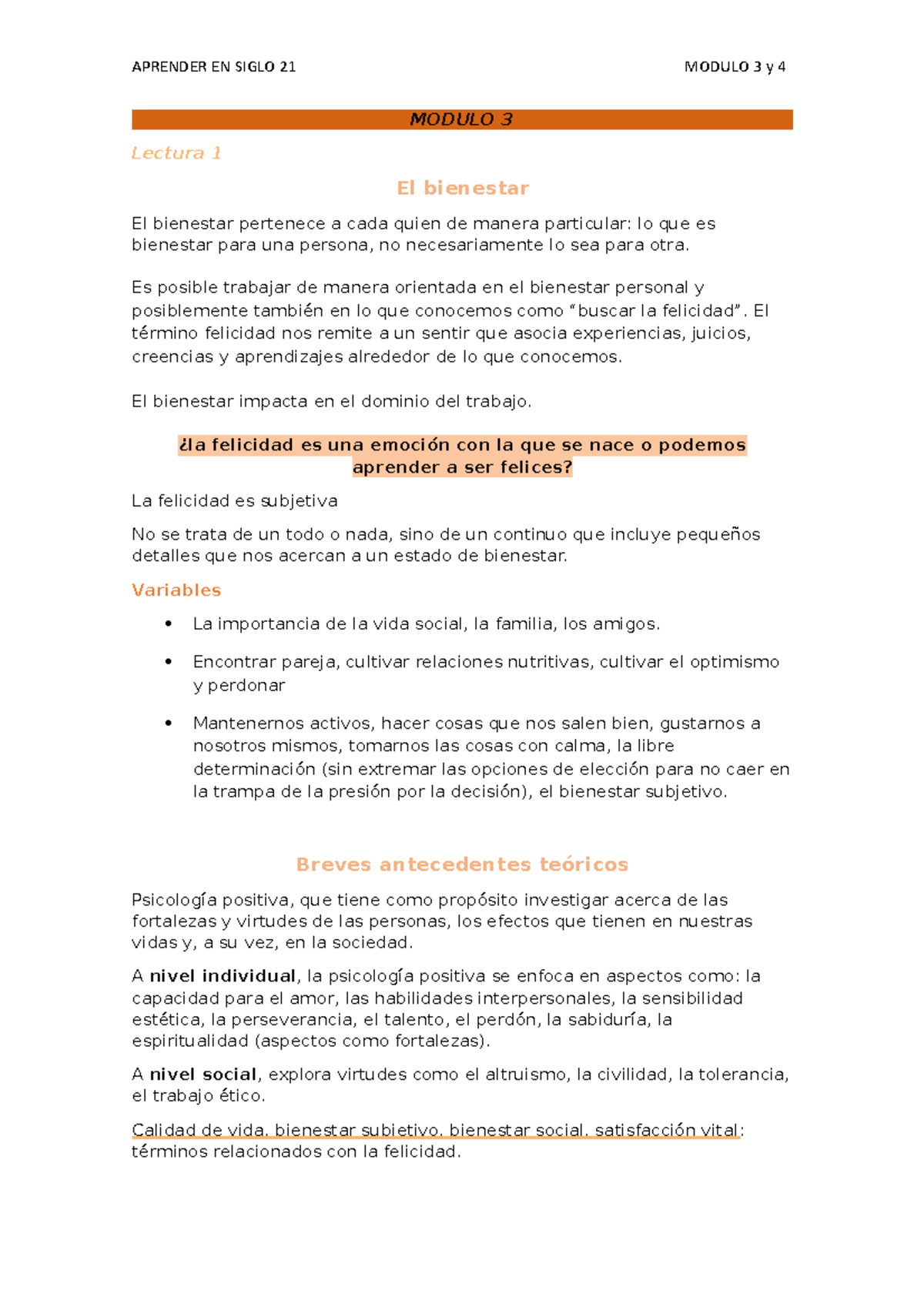 Modulo 3 Y 4 Aprender - MODULO 3 Lectura 1 El bienestar El bienestar ...