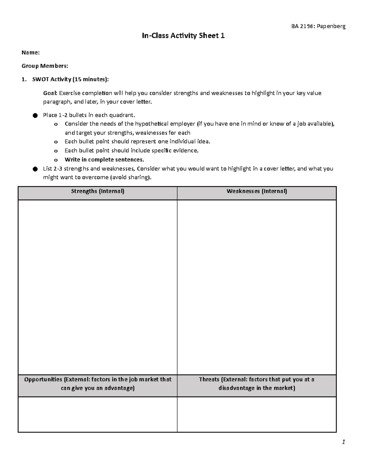 Week 1 - In-Class Activity Sheet - BA 2196: Papenberg In-Class Activity ...