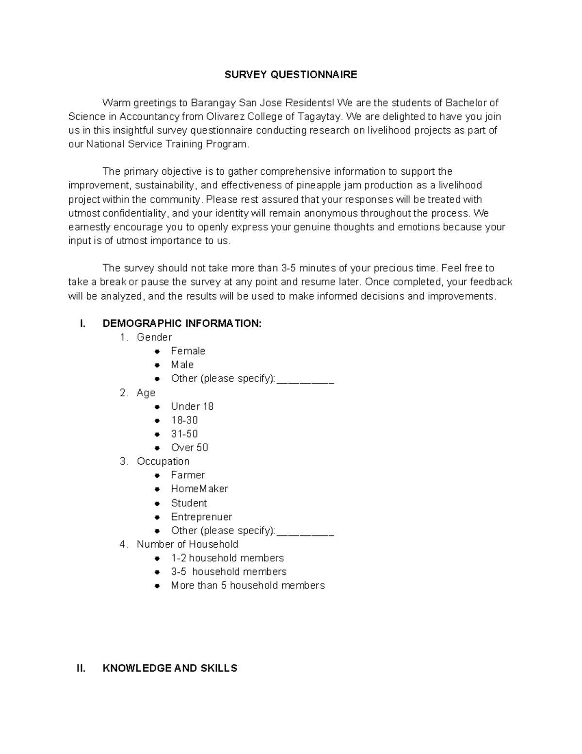 Pineapple JAM - assignments - SURVEY QUESTIONNAIRE Warm greetings to ...