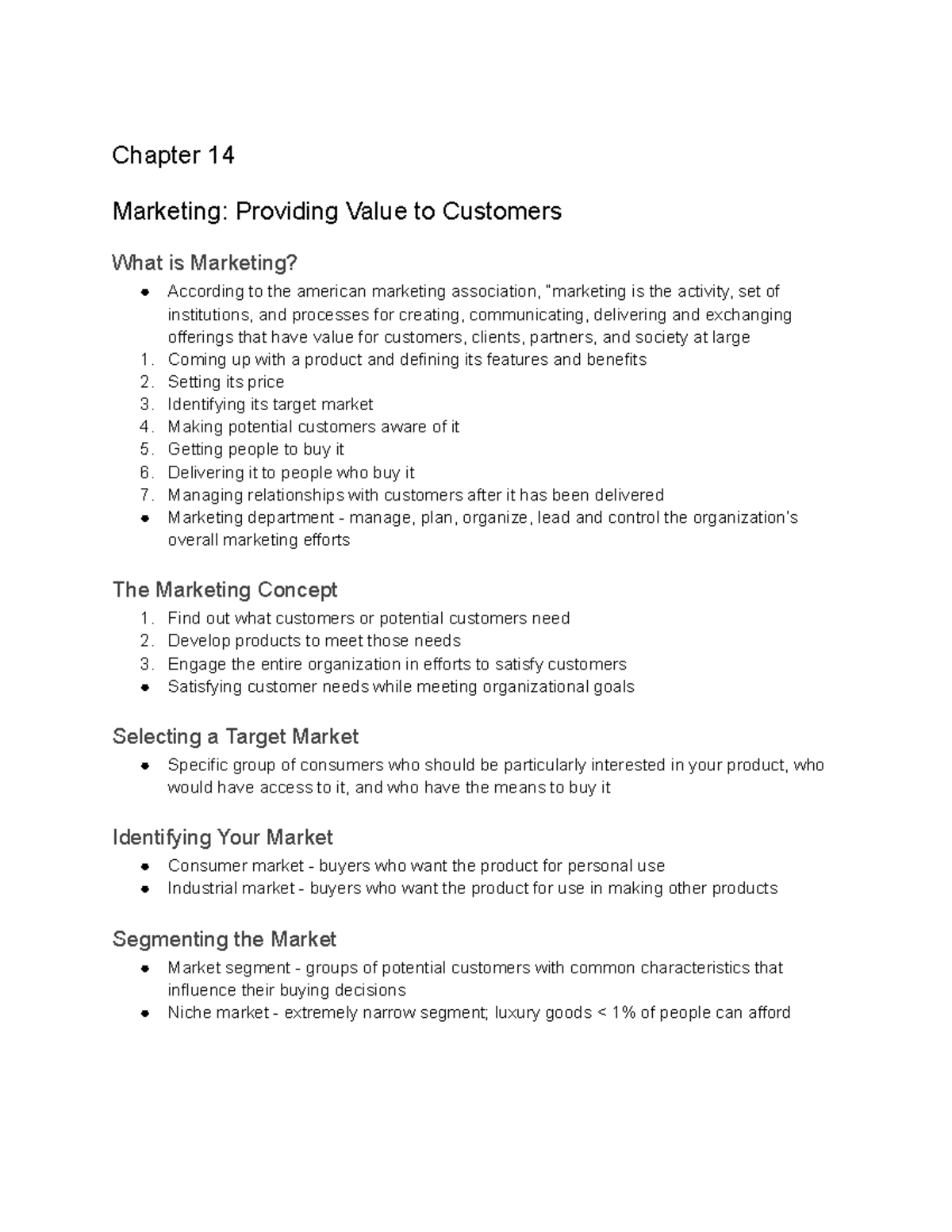 Chapter 14 - Textbook Notes - Chapter 14 Marketing: Providing Value to ...