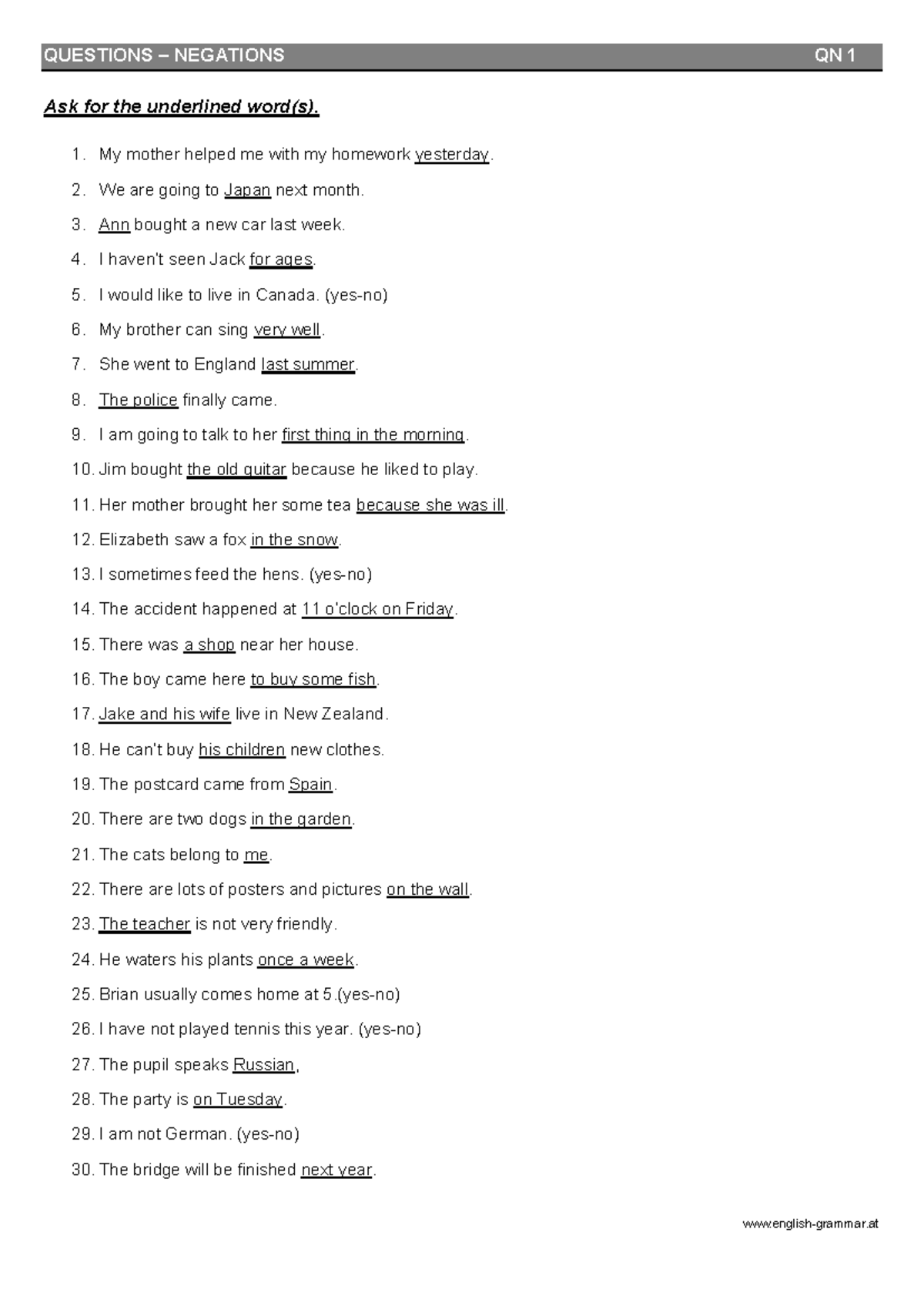 Questions Exercises 2 - ........ - english-grammar QUESTIONS ...