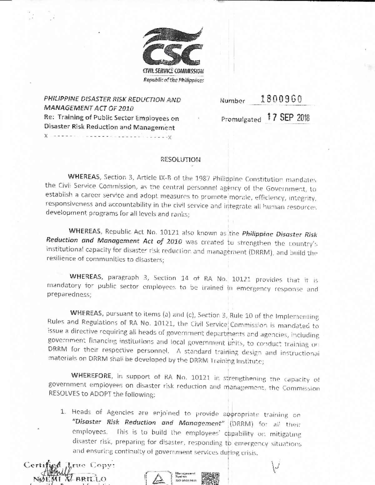 CSC Resolution 1800960 - Public Administration - Studocu