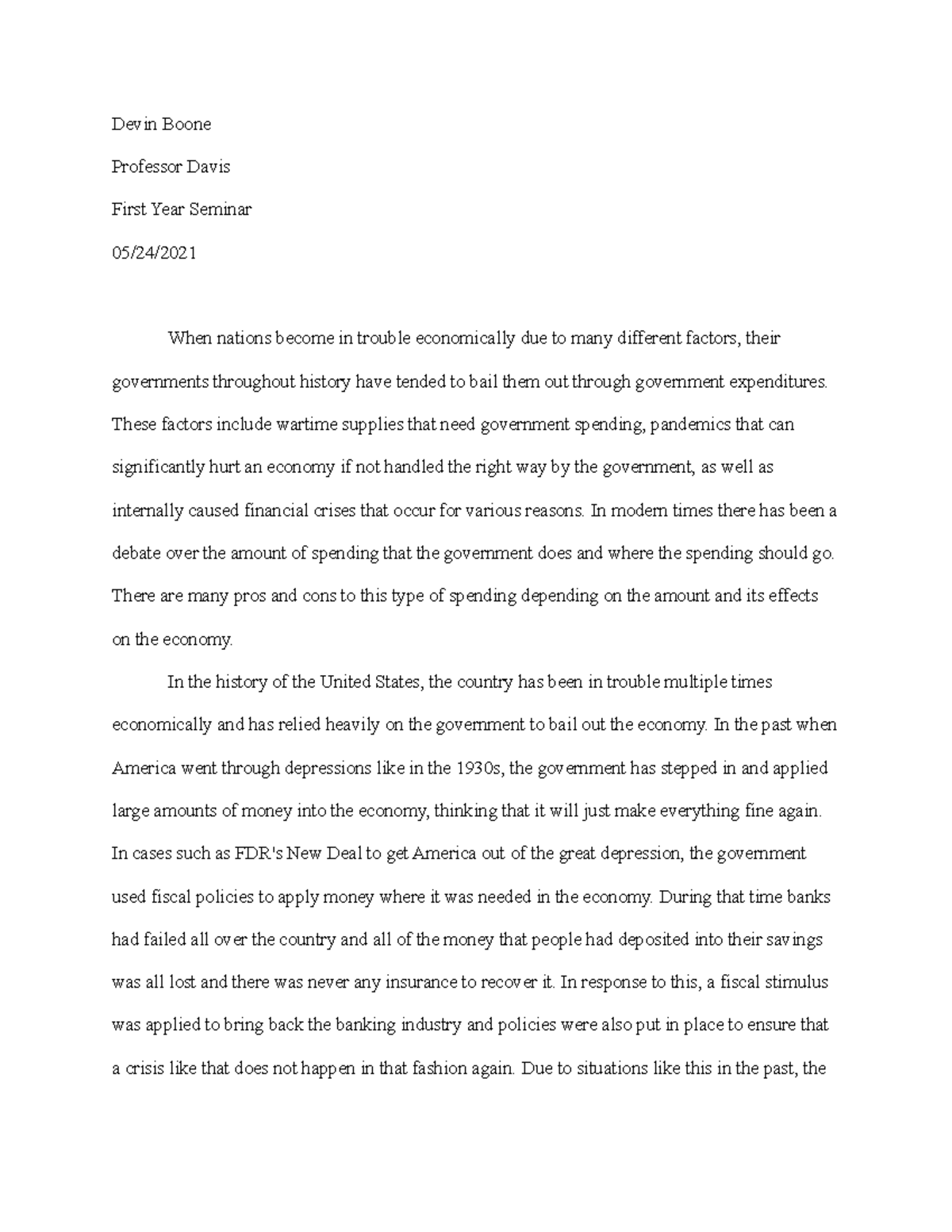 Final Exam essay - Devin Boone Professor Davis First Year Seminar 05/24 ...