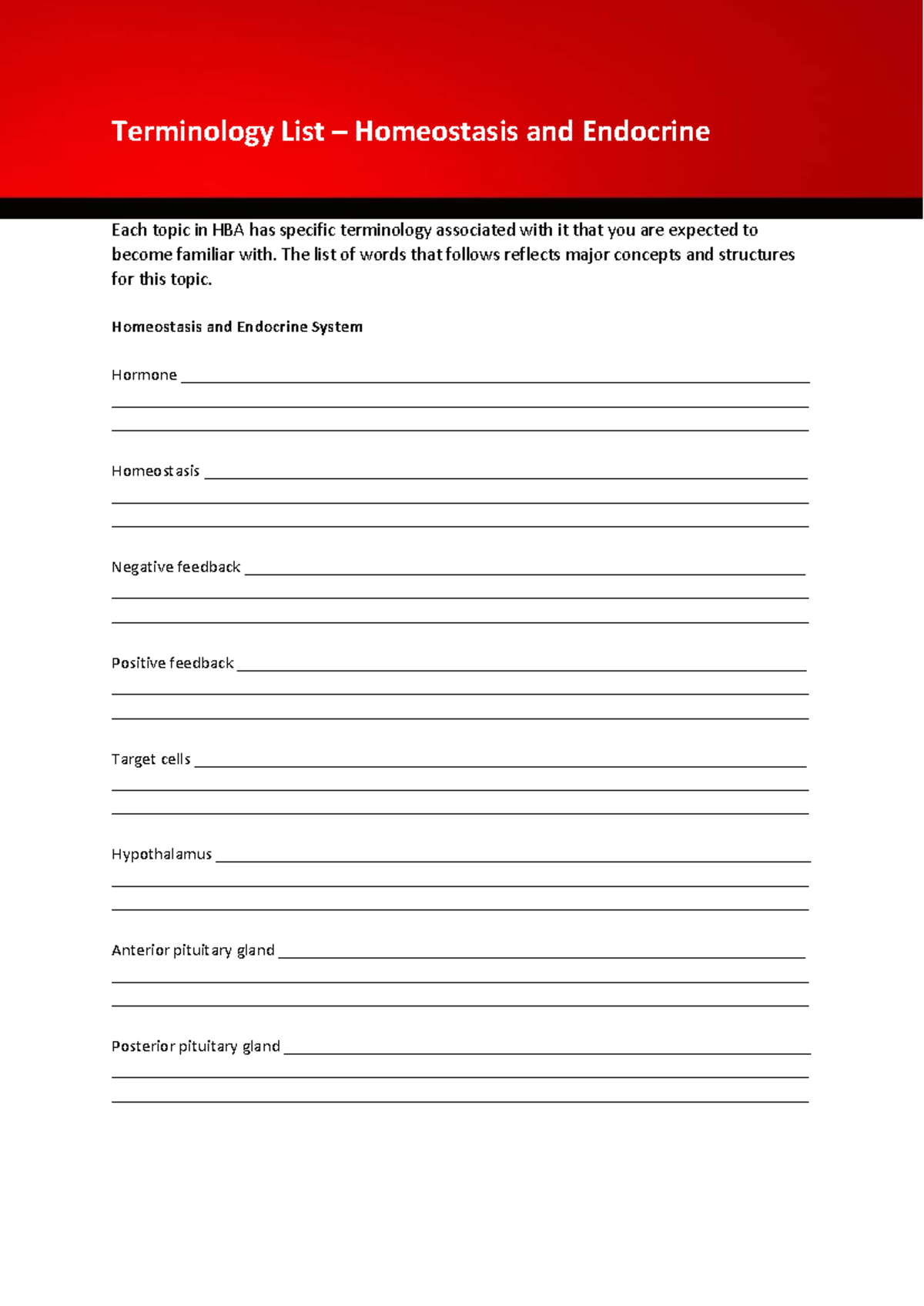 Terminology List Homeostasis and Endocrine - Terminology List ...