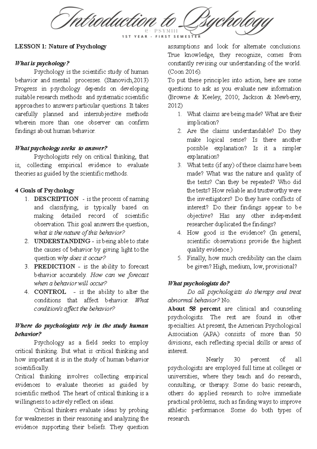 N- Intro%20TO%20 Psychology - LESSON 1: Nature of Psychology What is ...