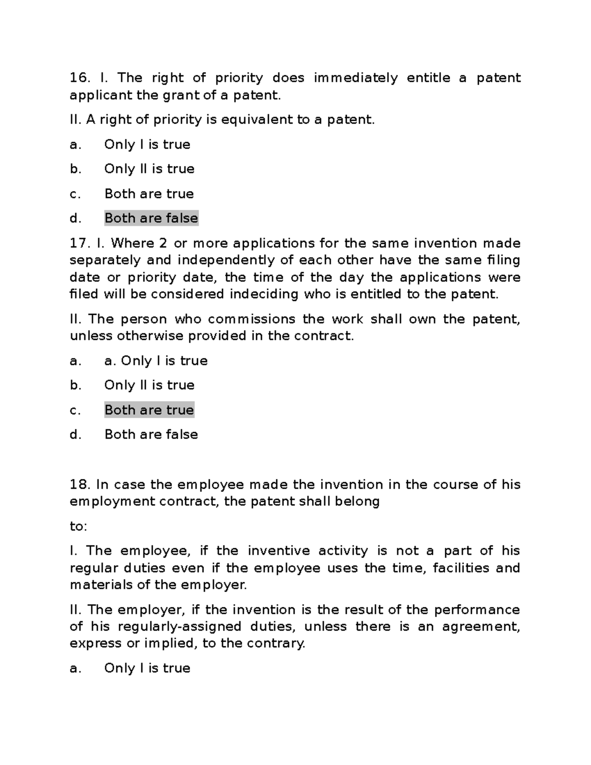 Law on Patents 2 (Regulatory Framework) - I. The right of priority does ...
