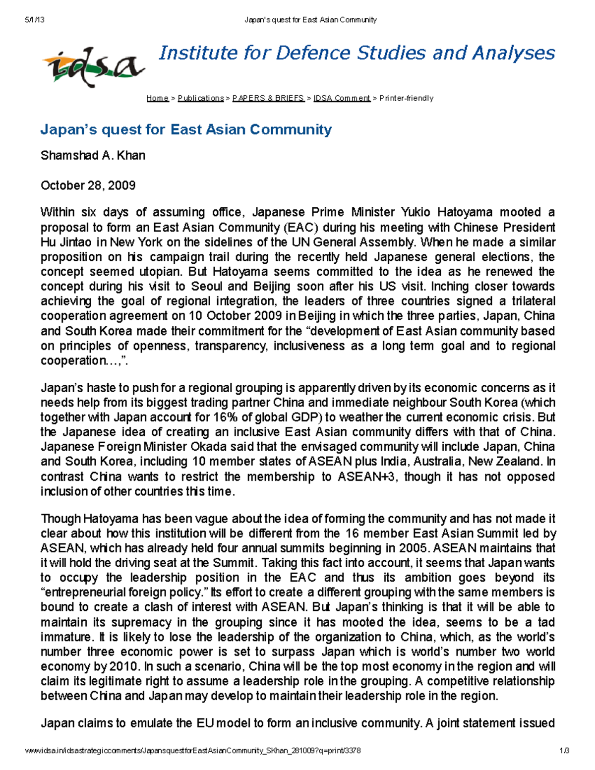 Japans quest for East Asian Community - 5/1/13 Japan’s quest for East ...