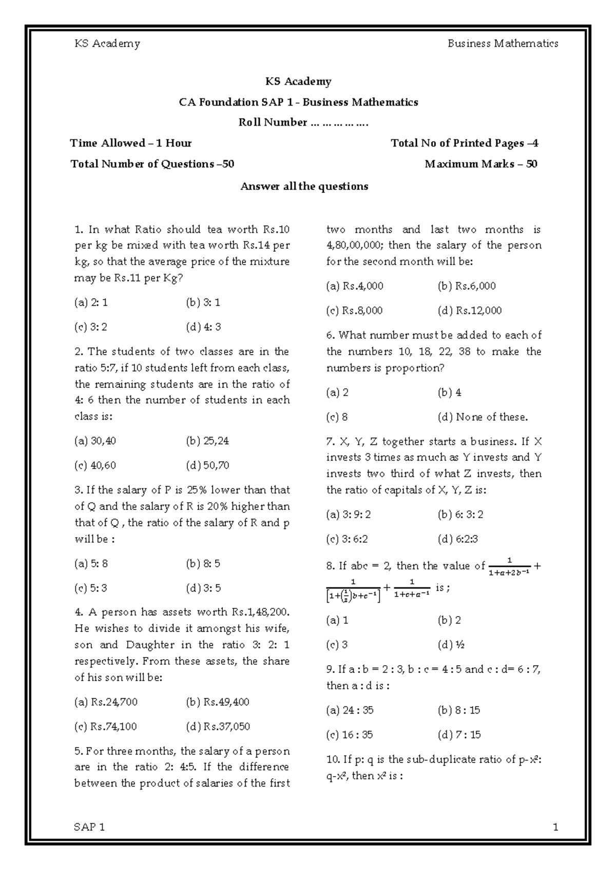 CA Foundation - SAP 1 - Maths QP - KS Academy CA Foundation SAP 1 ...