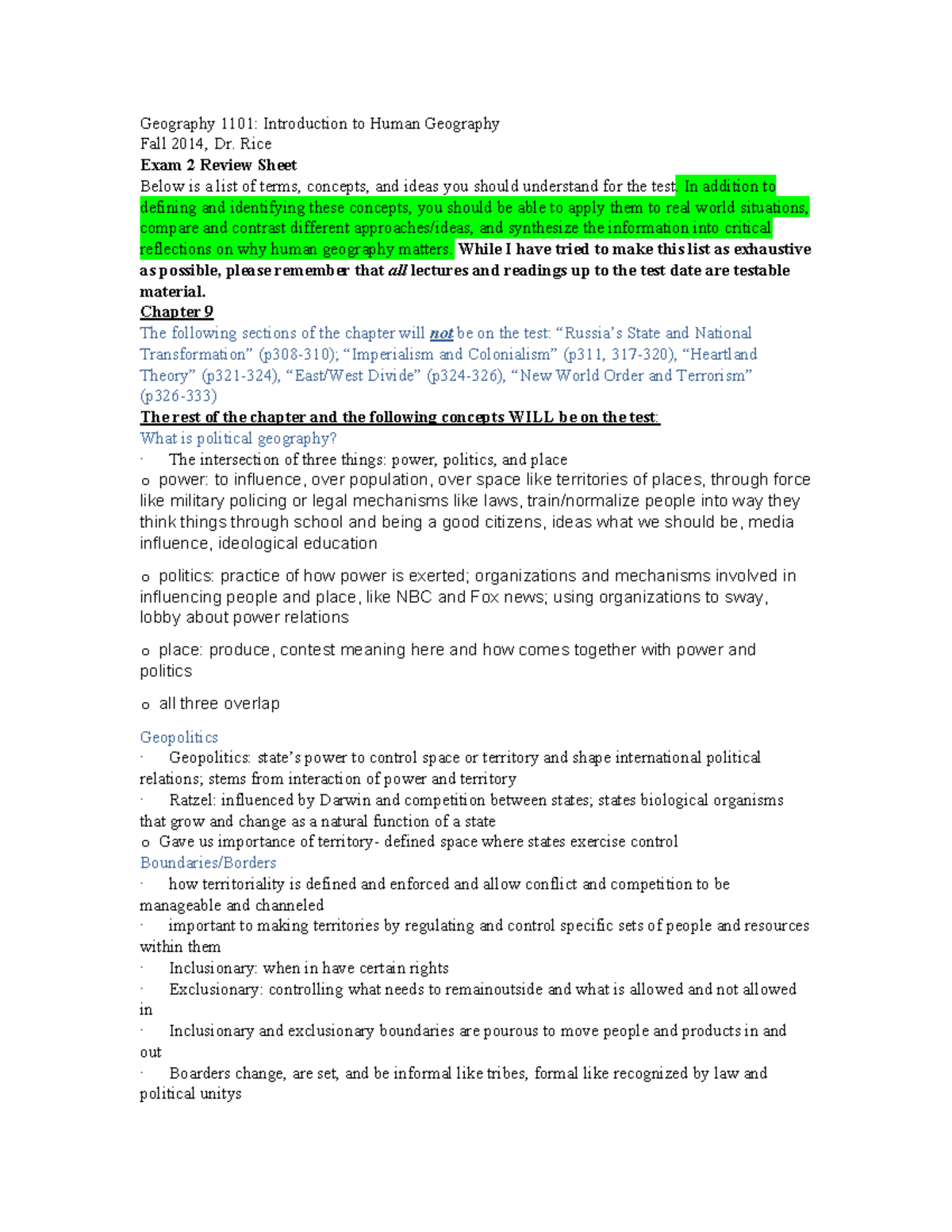 Study Guide 2 - Geography 1101: Introduction to Human Geography Fall ...