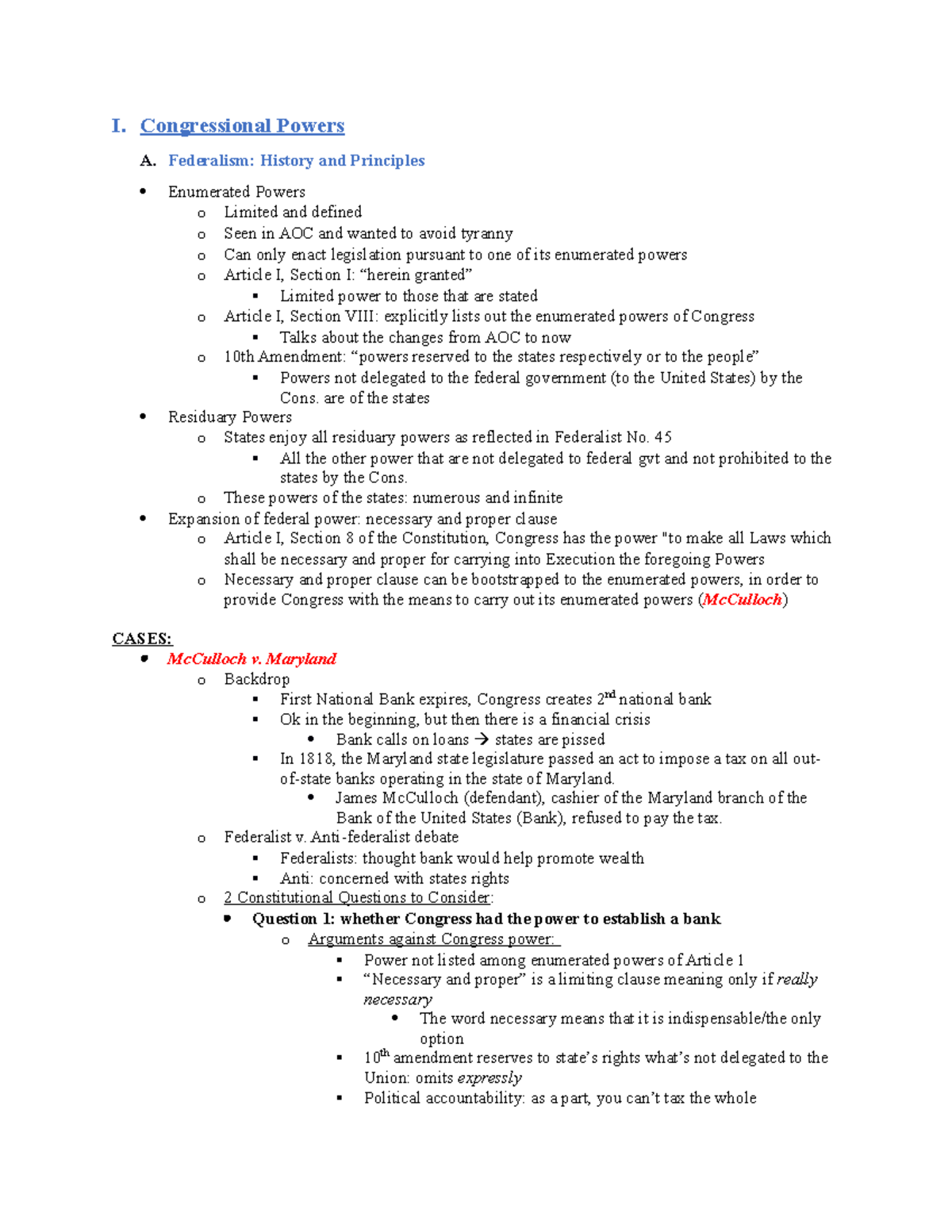 Constitutional Law Outline 3 - I. Congressional Powers A. Federalism ...