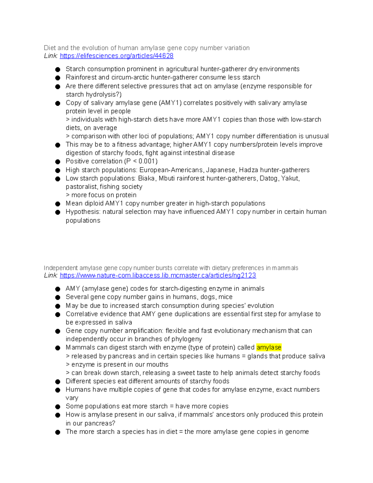 Lab 2 Article Notes - Diet and the evolution of human amylase gene copy ...
