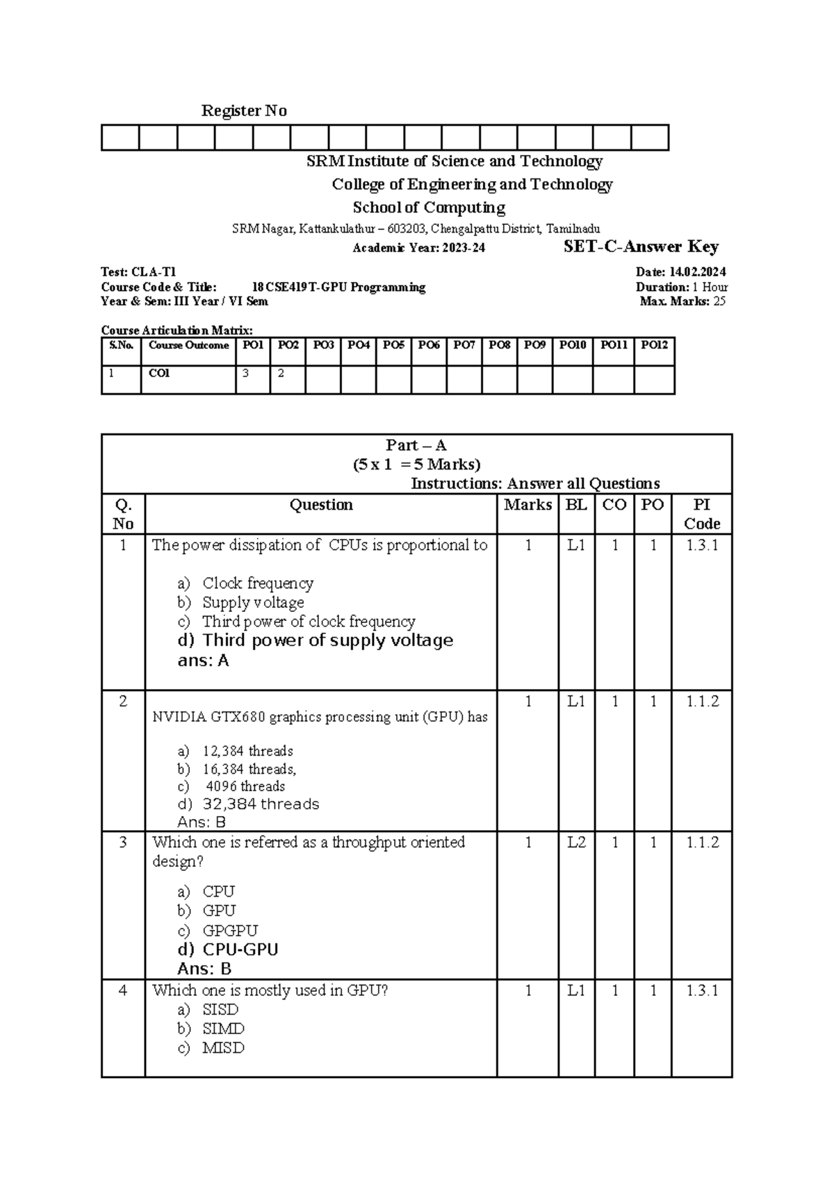 GPU-CT1-Set C-Answer Key - Register No SRM Institute of Science and Technology College of - Studocu