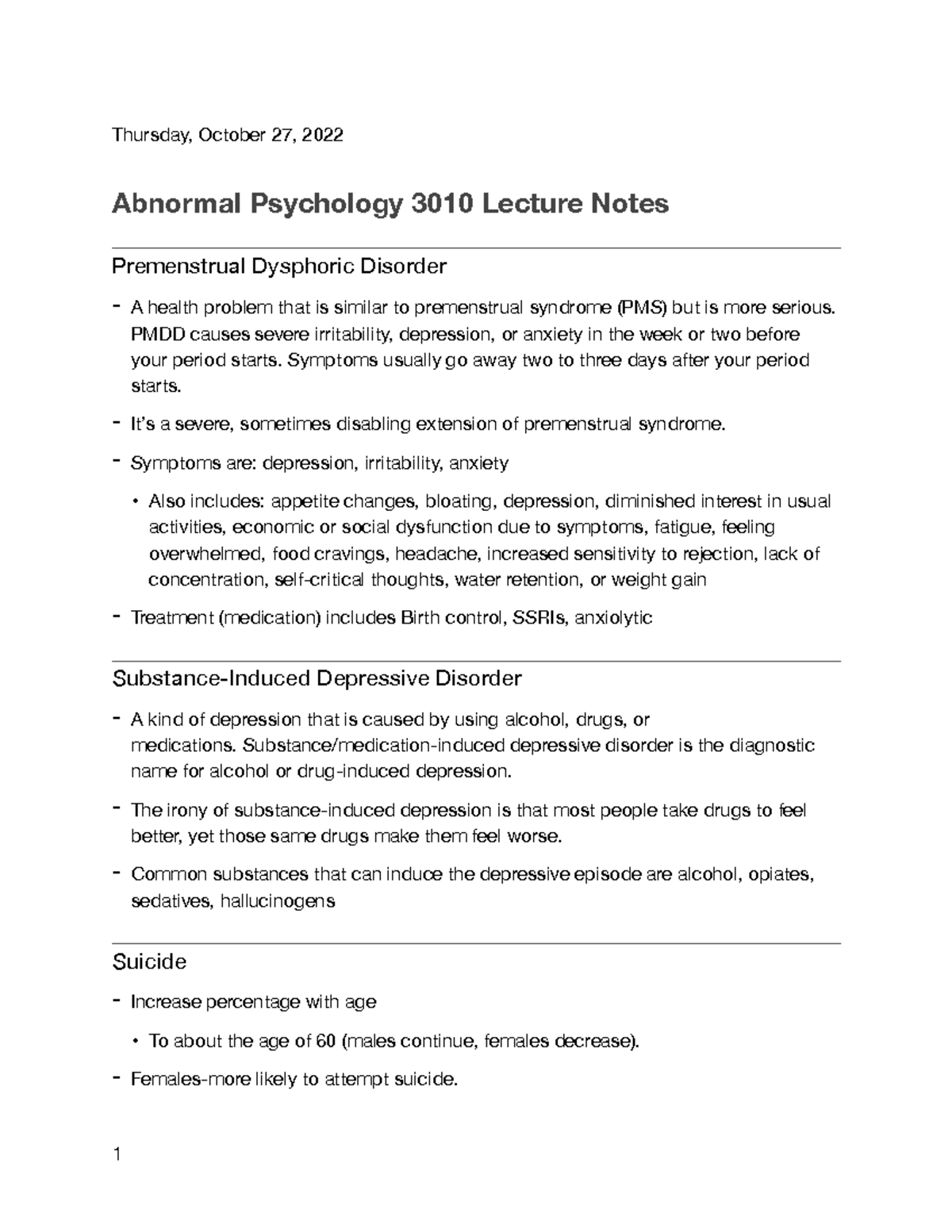 Abnormal Psych 3010 Lecture Notes 10:27 - Thursday, October 27, 2022 ...