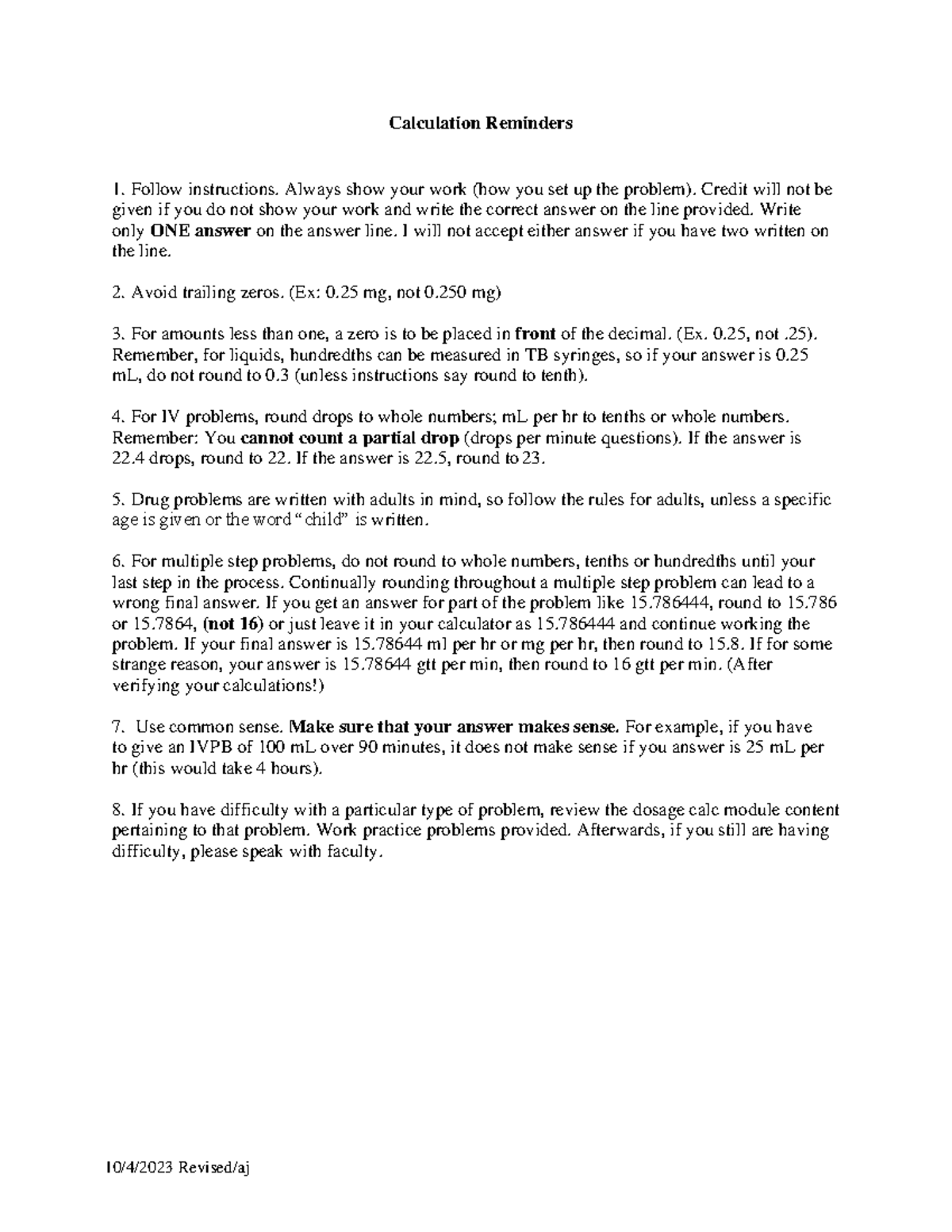 Calculation Reminders - 10/4/2023 Revised/aj Calculation Reminders ...