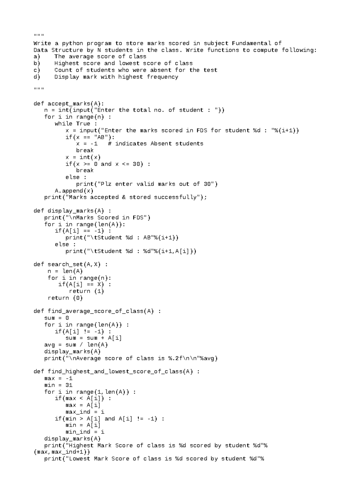 Ass1 - DAta science - """ Write a python program to store marks scored in subject - Studocu