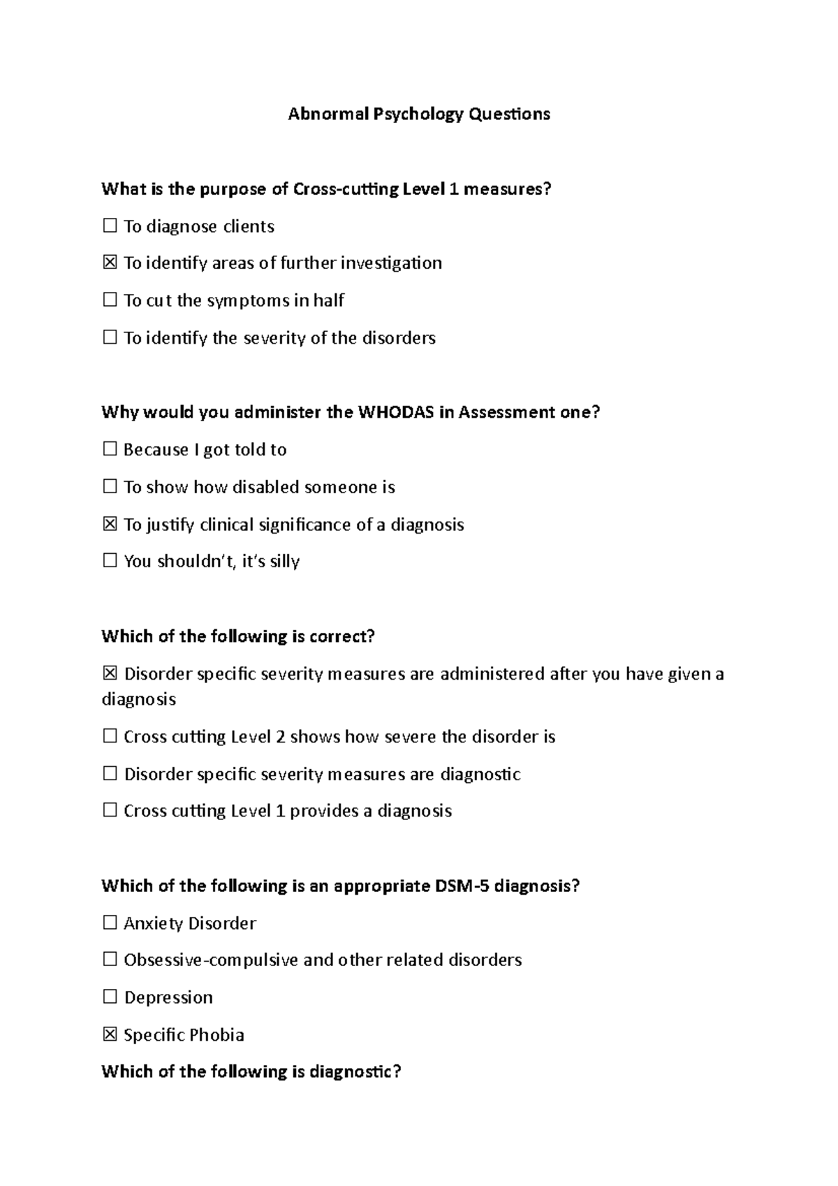 Abnormal Psychology Questions, lactures MCQS in one doc - Abnormal ...
