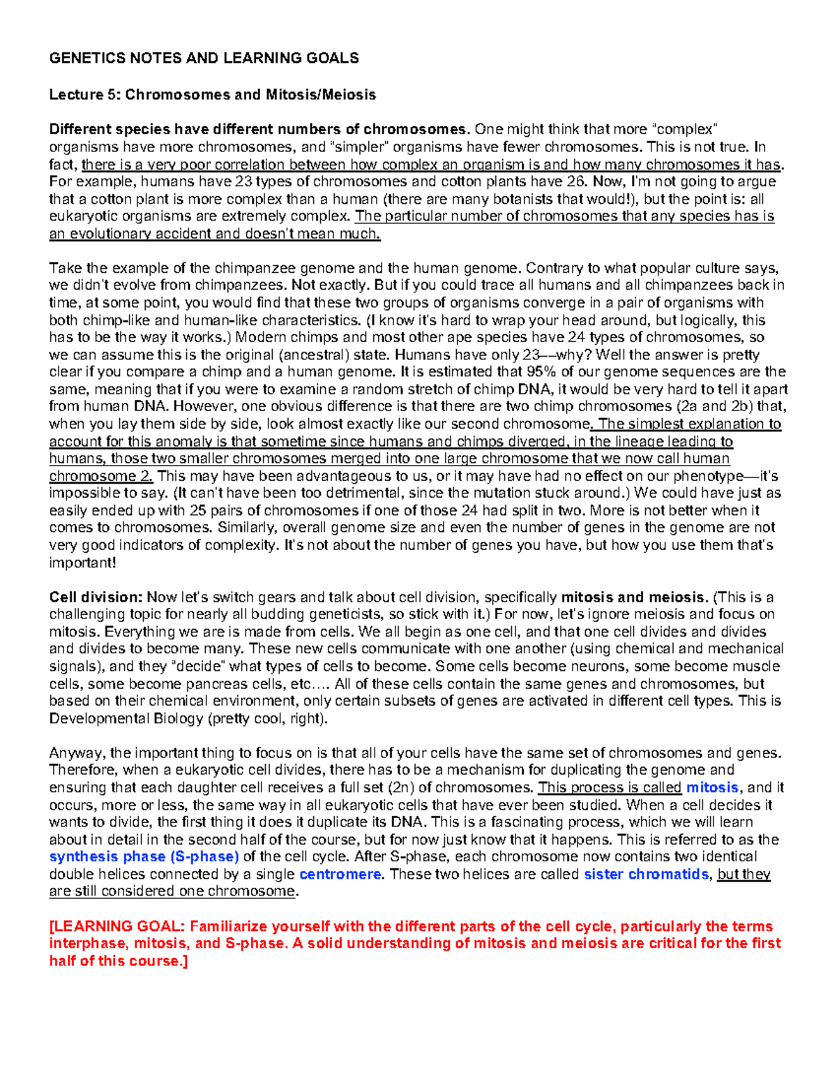 Genetics notes 5 - GENETICS NOTES AND LEARNING GOALS Lecture 5 ...