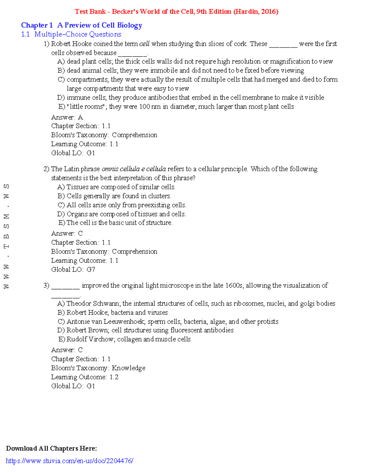 Test Bank - Becker's World of the Cell, 9th Edition (Hardin, 2016 ) - W ...
