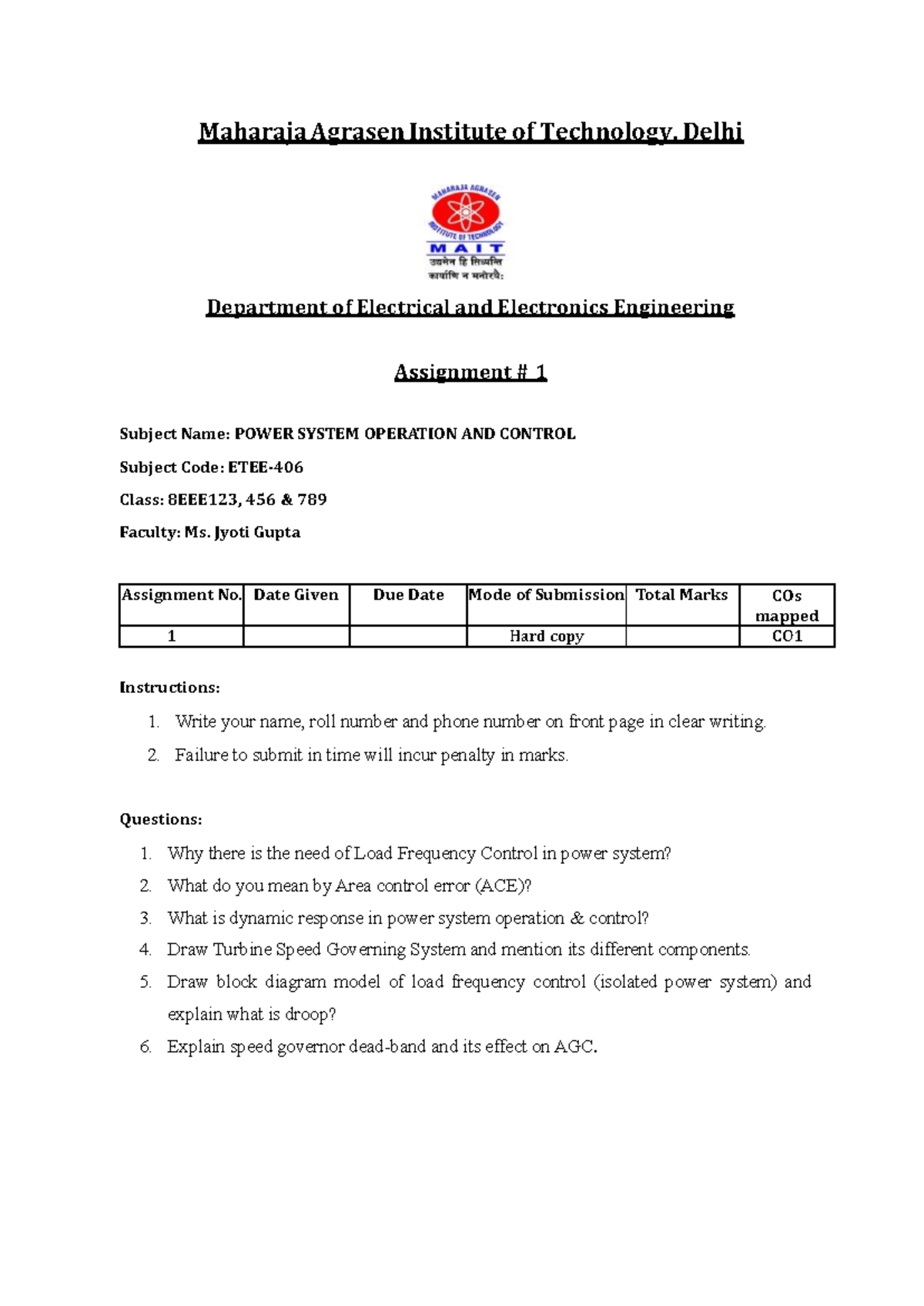 PSOC Assignment 1 - Maharaja Agrasen Institute of Technology, Delhi Department of Electrical and ...