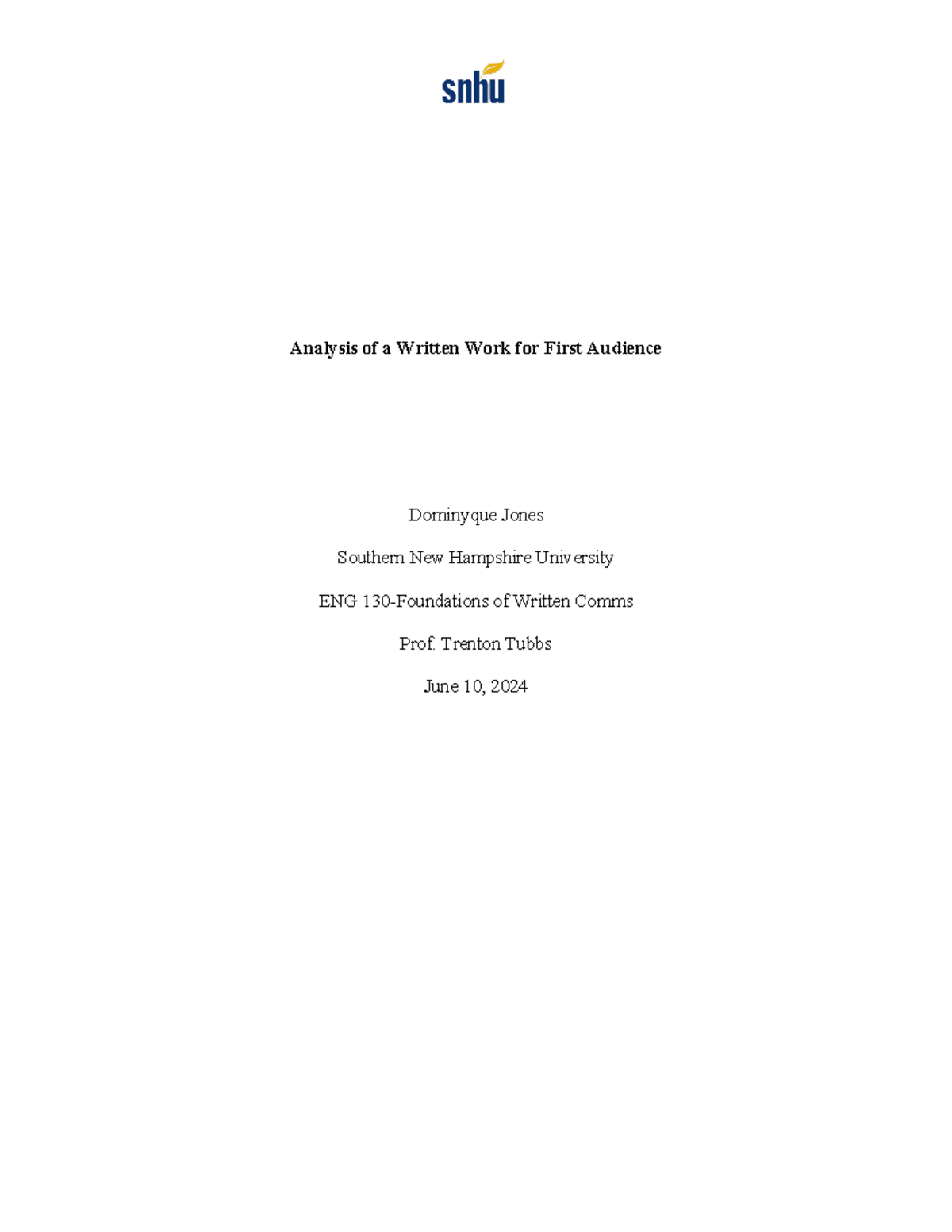Analysis of a Written Work for First Audience - Analysis of a Written ...