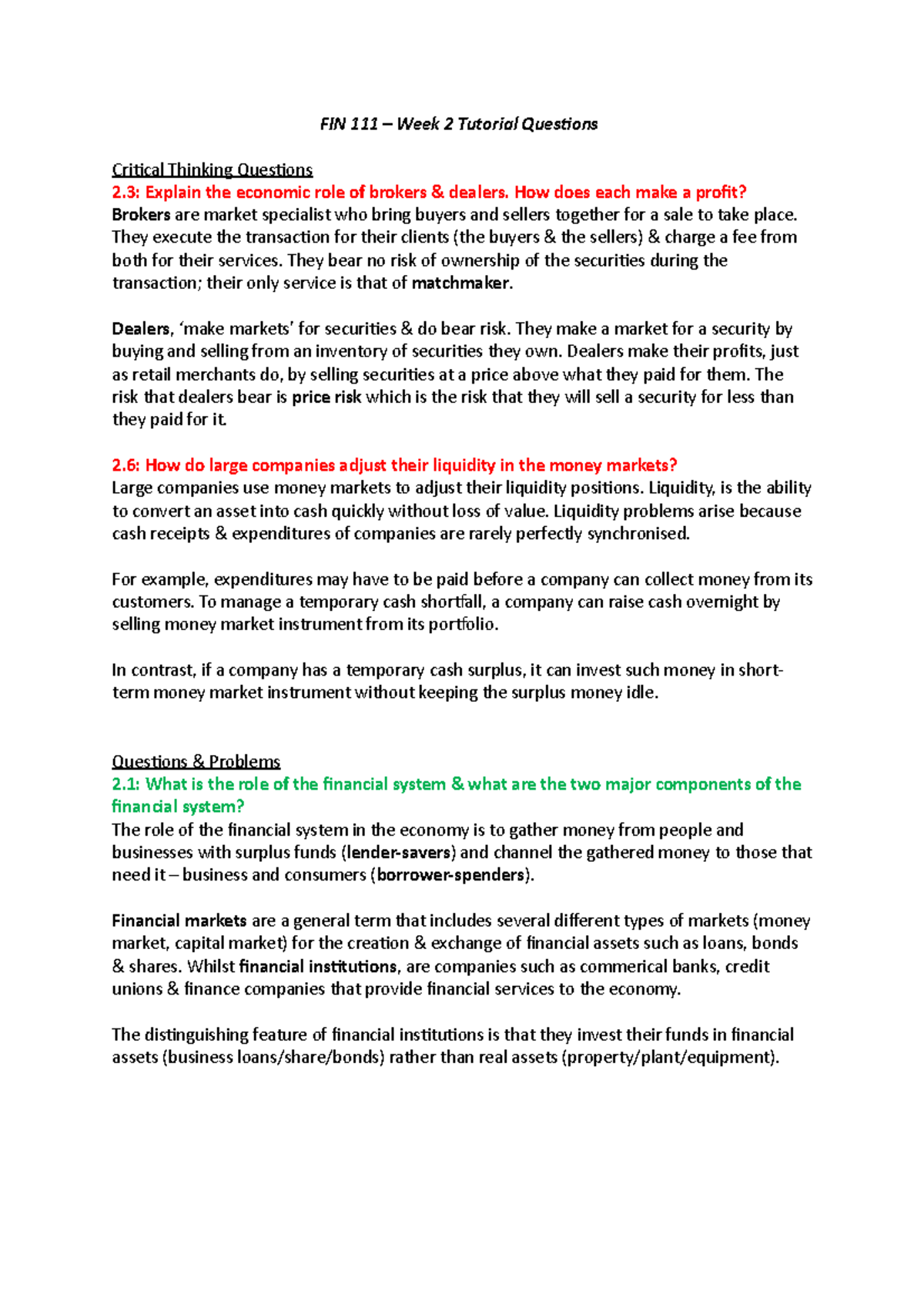 FIN 111 – Week 2 Tutorial Questions - FIN 111 – Week 2 Tutorial ...