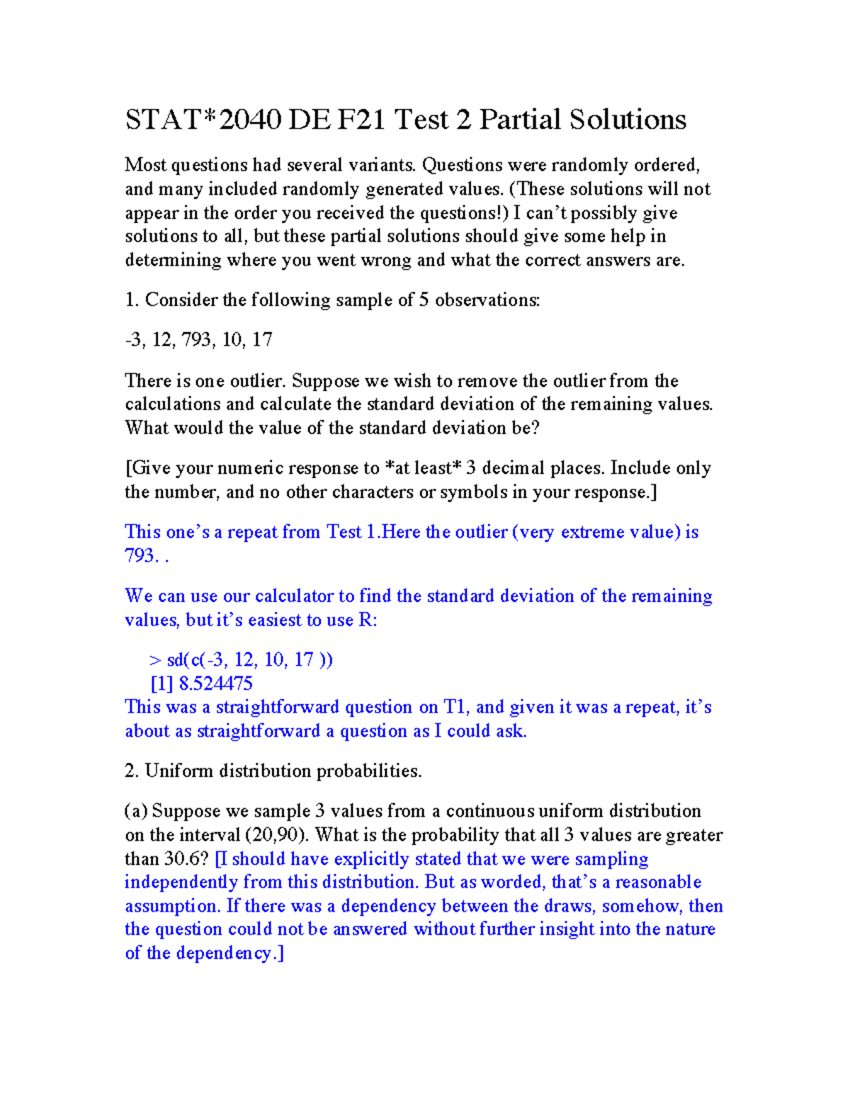 Solutions to test 2 in stats2040 - STAT*2040 DE F21 Test 2 Partial ...