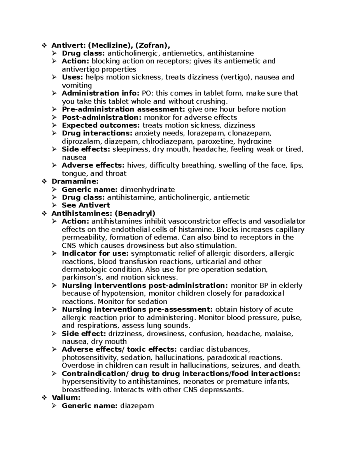 Drug cards - Antivert: (Meclizine), (Zofran), Drug class ...