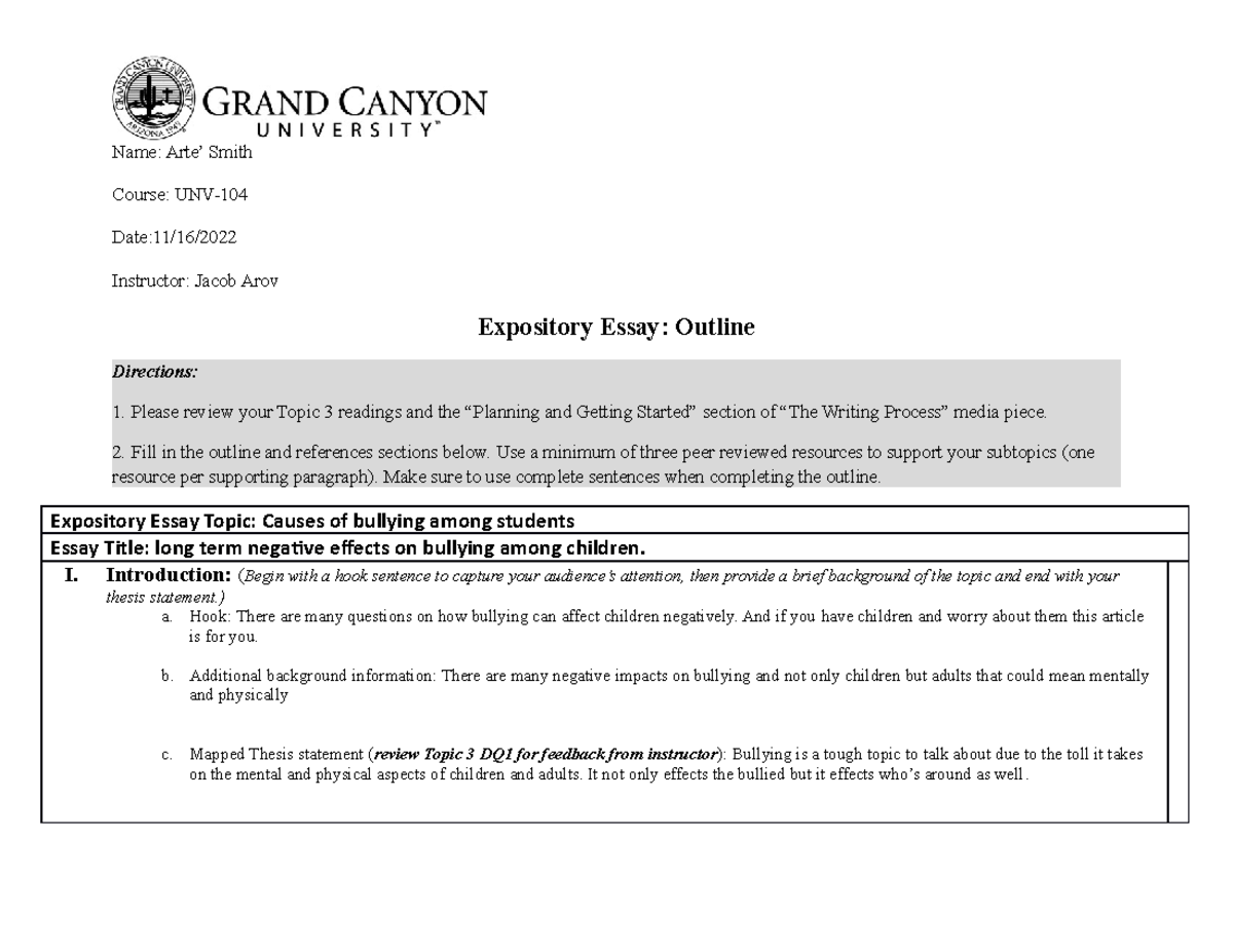 Outline - a worksheet with the teacher's notes - Name: Arte’ Smith ...