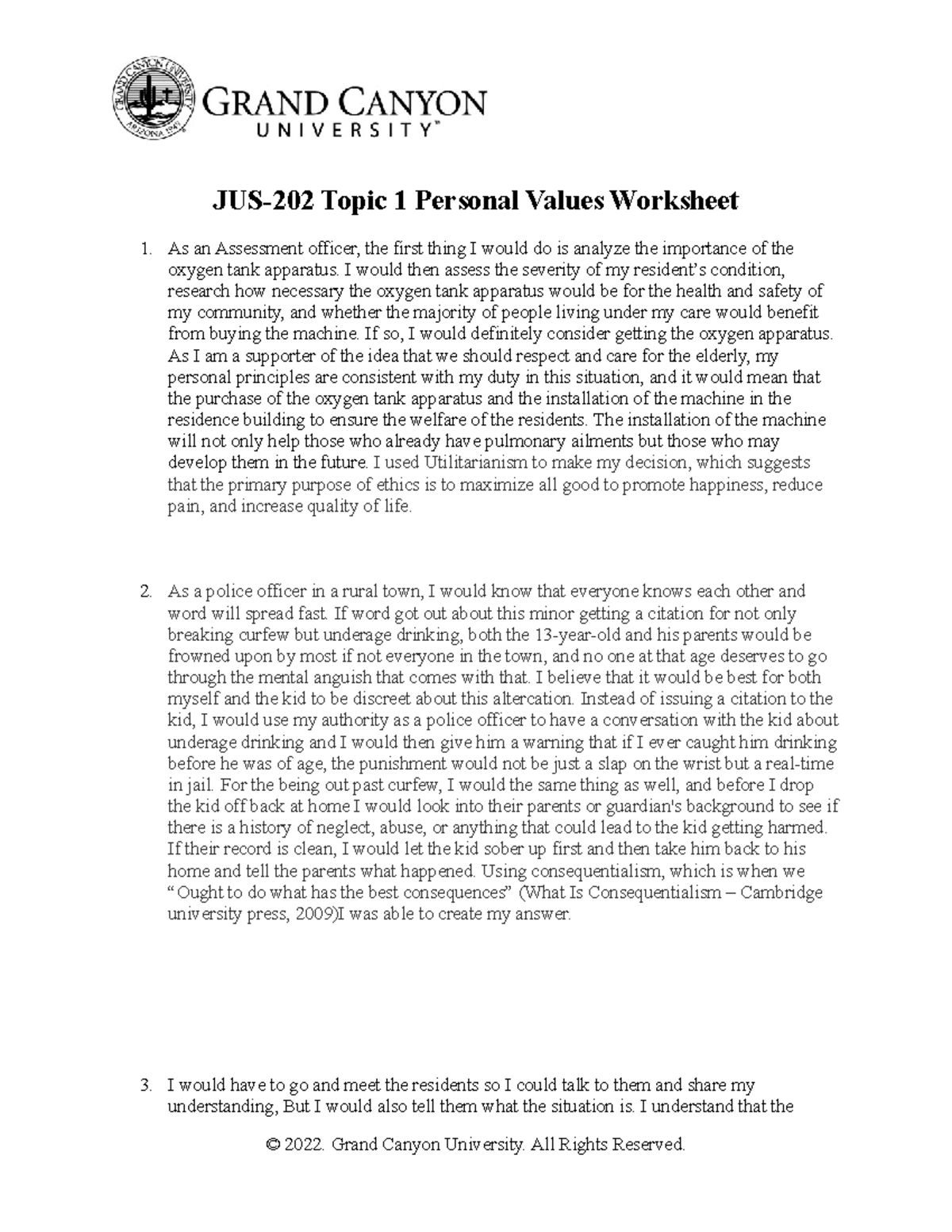 JUS-202 Topic 1 Personal Values Worksheet - JUS-202 Topic 1 Personal ...