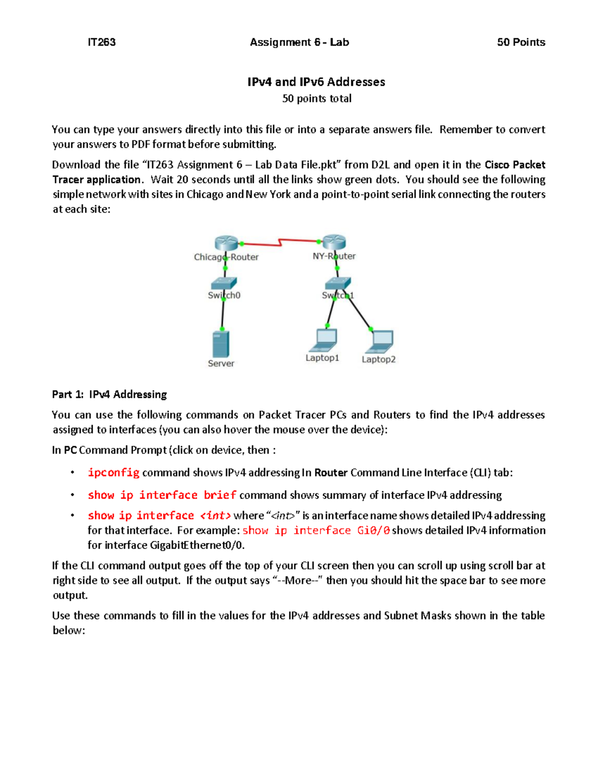Dhruv Patel IT263 Assignment 6 - Lab - IPv4 and IPv6 Addresses 50 points total You can type your ...