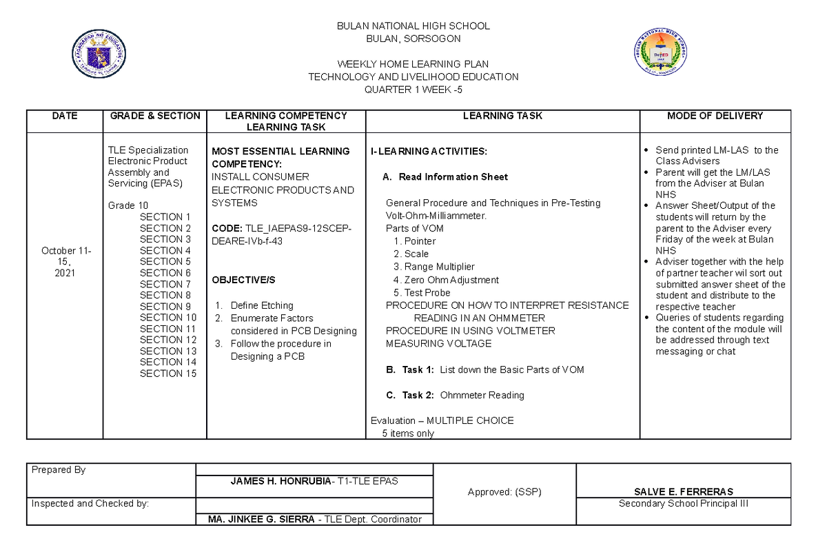 WHLP G1-WEEK 5 - WHLP - BULAN NATIONAL HIGH SCHOOL BULAN, SORSOGON ...