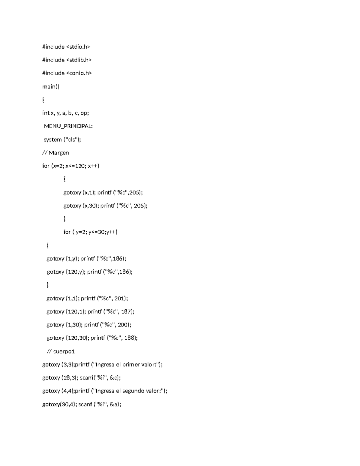 Menuprincipal Codigo - PROGRAMA MENU PRINCIPAL SUMA, RESTA Y MULTIPLICACIÓN - #include - Studocu