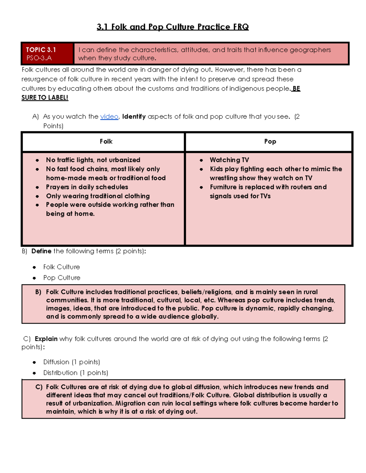 3.1 Folk and Pop Culture Practice FRQ - PSO-3 I can define the ...