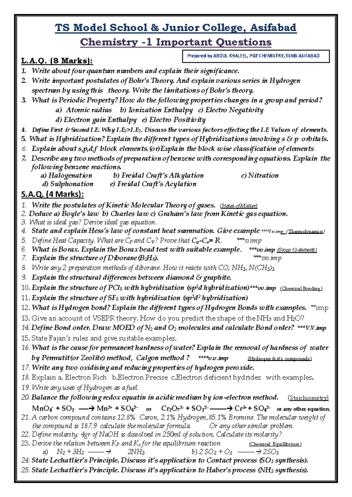 Chemistry-1 important questions IPE 2023 - TS Model School & Junior ...