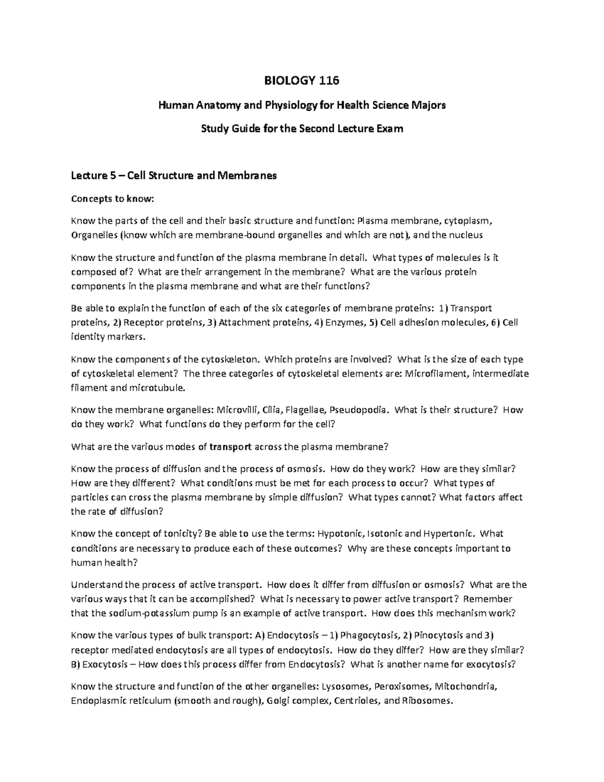Study Guide Second Exam - BIOLOGY 116 Human Anatomy and Physiology for ...