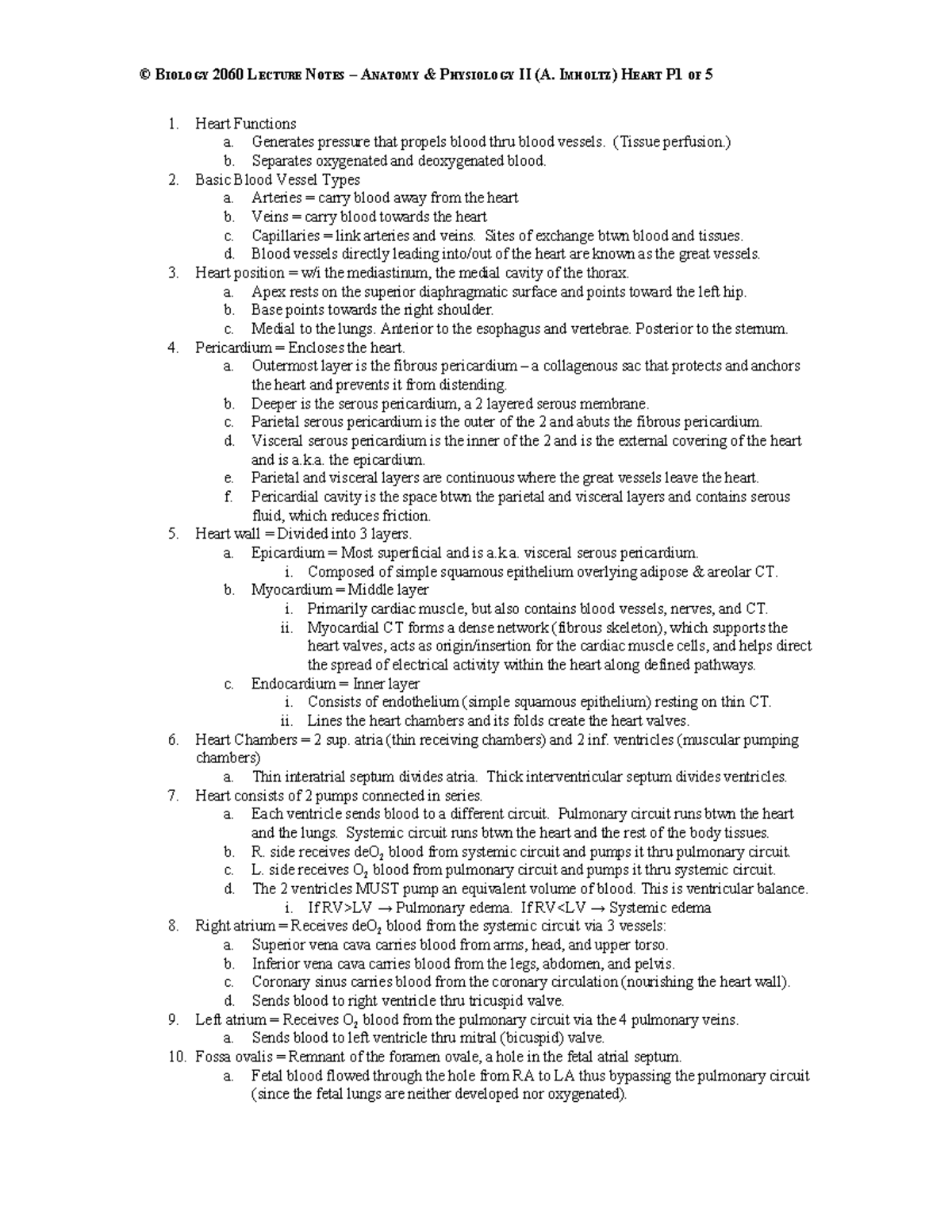 Heart Outline - © BIOLOGY 2060 LECTURE NOTES – ANATOMY & PHYSIOLOGY II ...