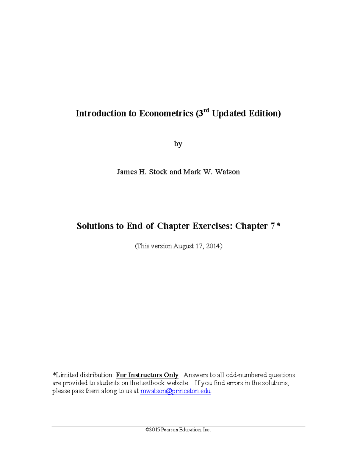 Introduction To Econometric Chapter 7 Solution ठ⃚ ©2015 Pearson Education Inc ठ⃚ ठ⃚ ठ⃚ ठ⃚ ठ⃚