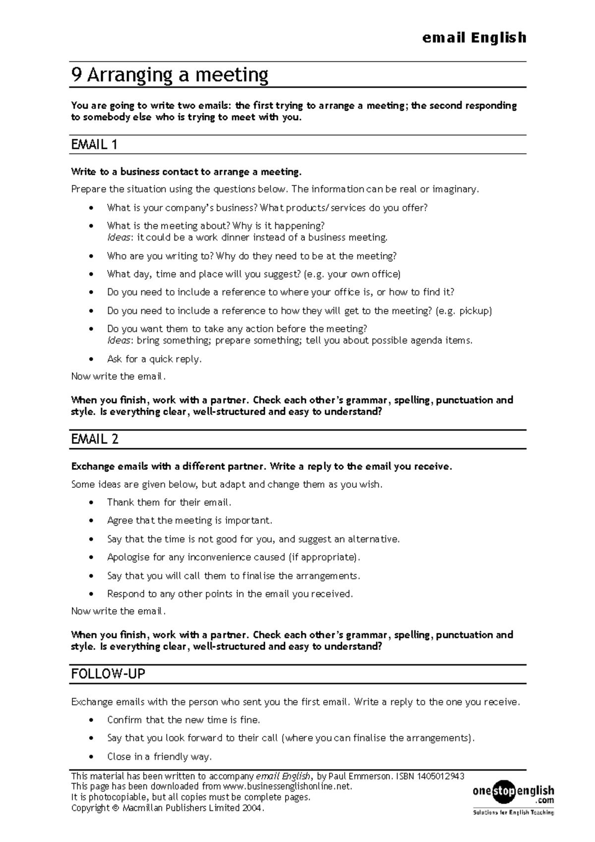 Arranging-a-meeting - email English 9 Arranging a meeting You are going ...