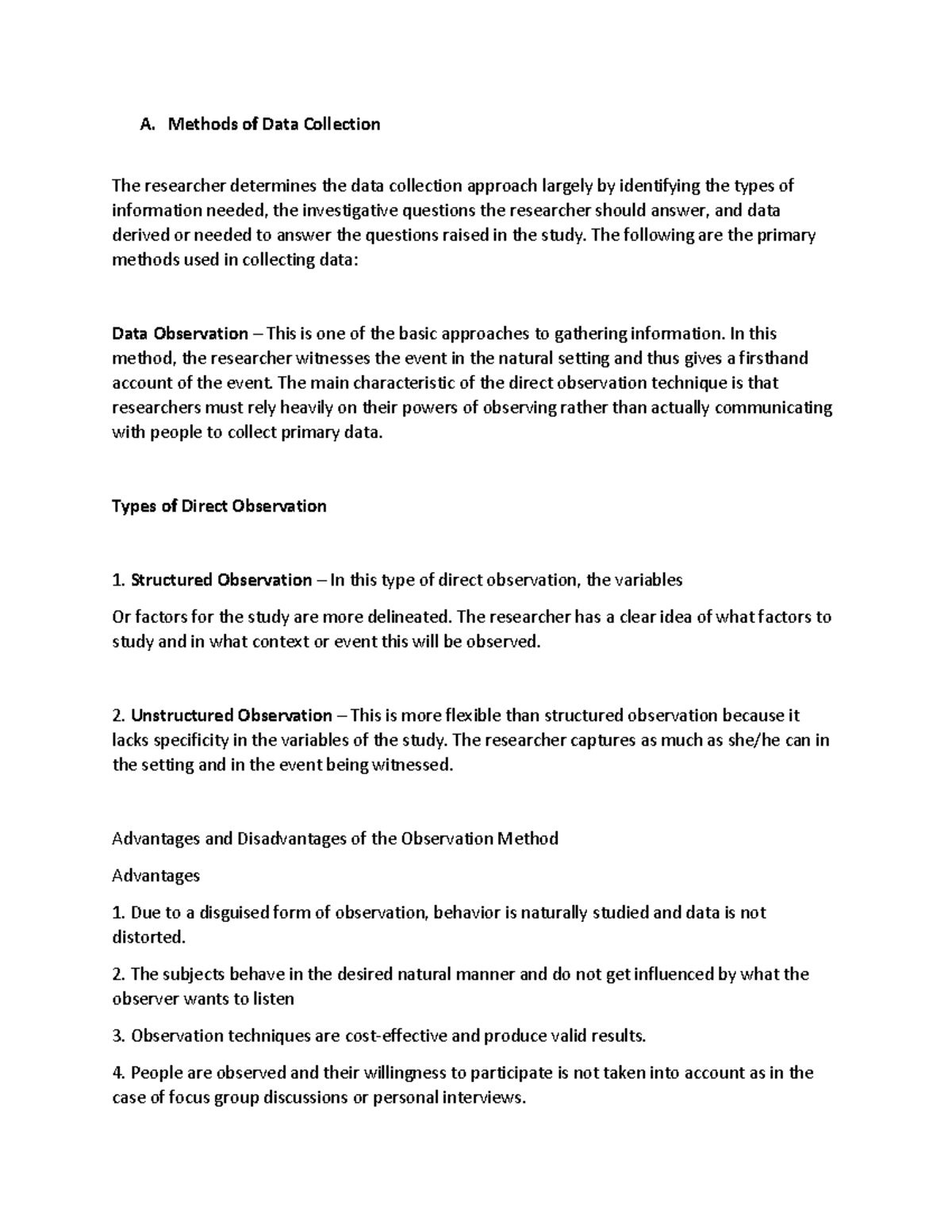 Business Research - A. Methods of Data Collection The researcher ...