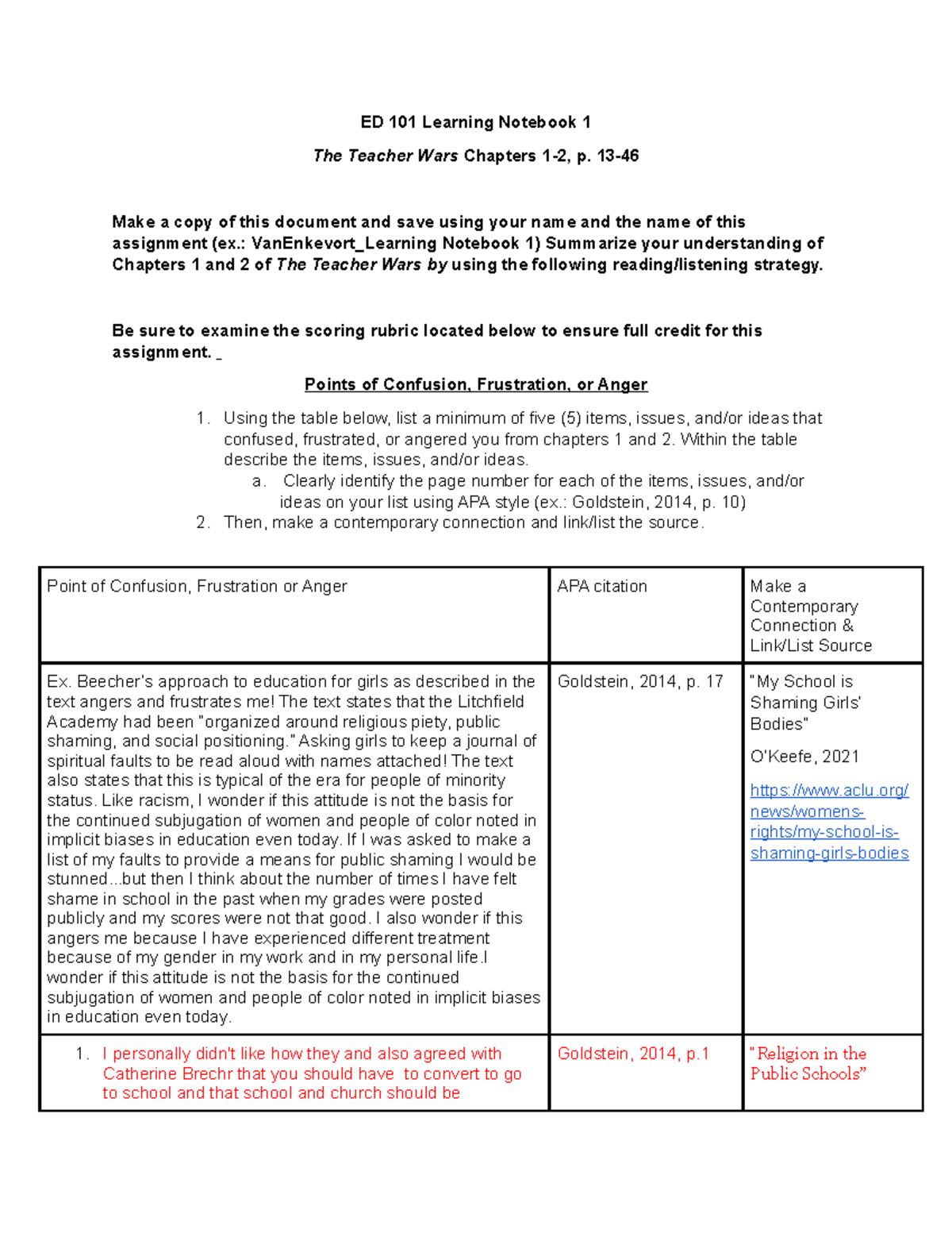 True Learning Notebook 1 - ED 101 Learning Notebook 1 The Teacher Wars ...