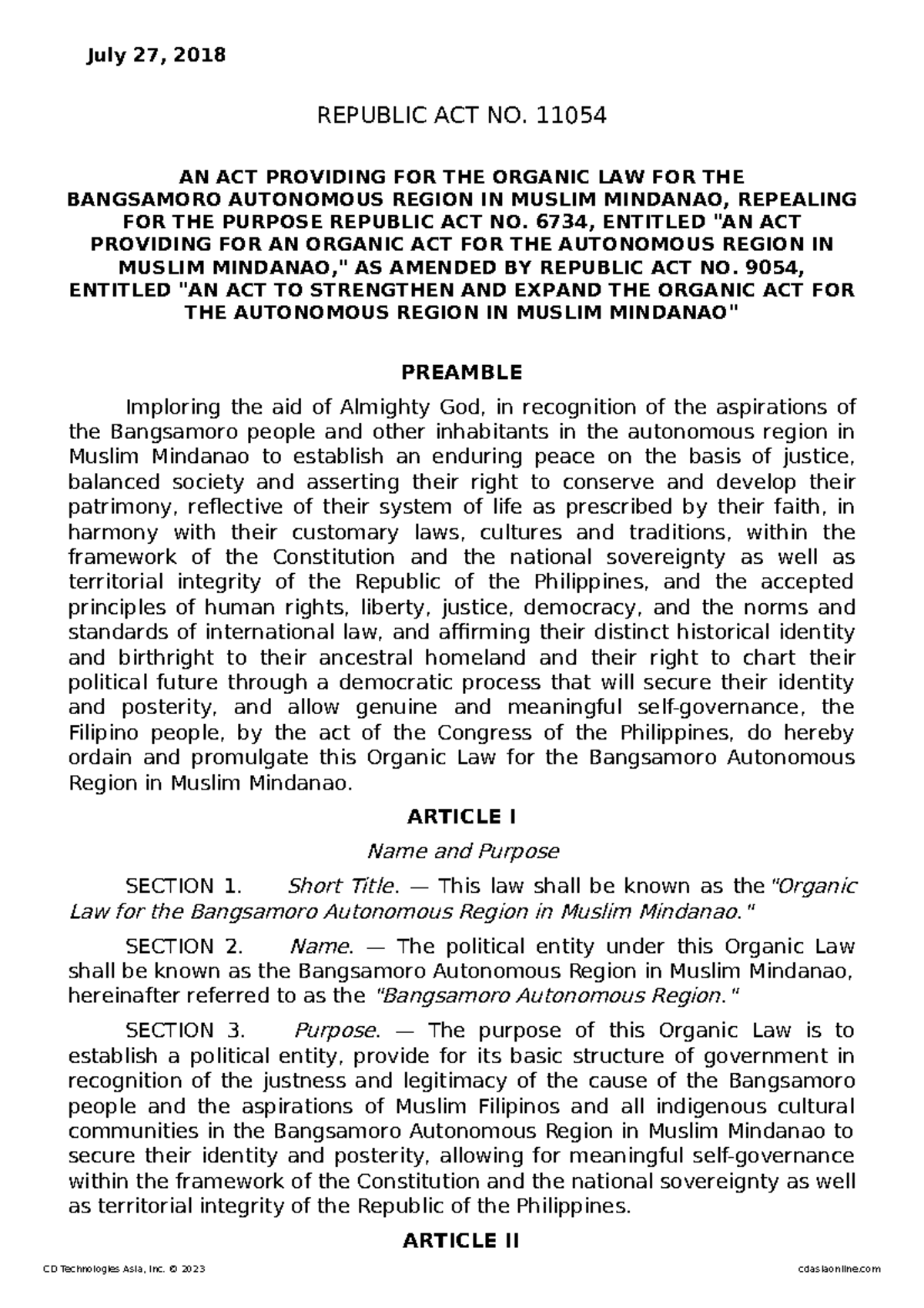 6. R.A. No. 11054 - Notes - July 27, 2018 REPUBLIC ACT NO. 11054 AN ACT ...