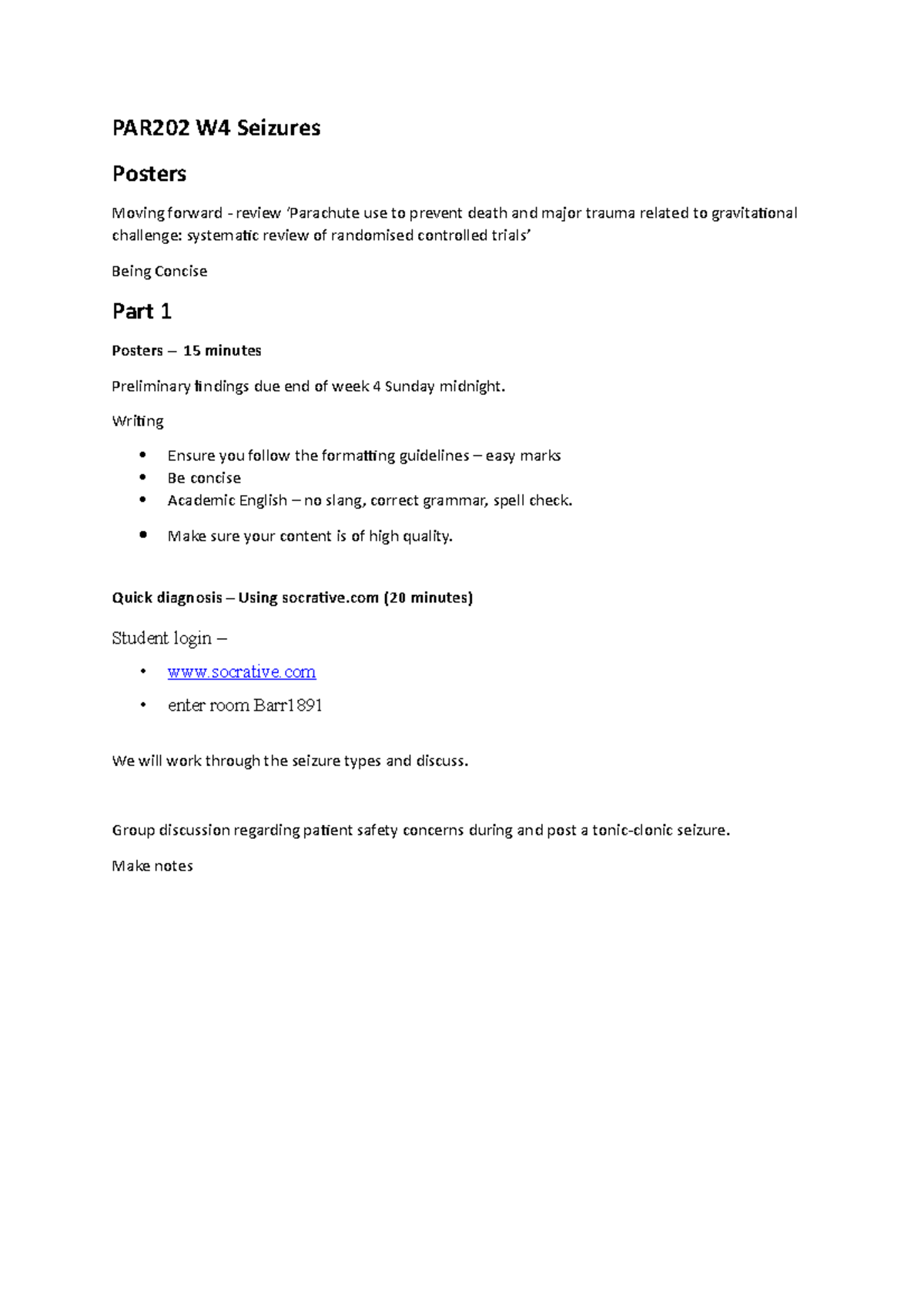 PAR202 Week 4 Workshop - Course Coordinator: Nigel Barr - PAR202 W4 ...