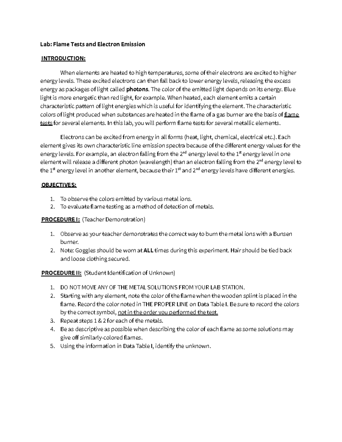 Flame Lab, Science phy - Lab: Flame Tests and Electron Emission ...