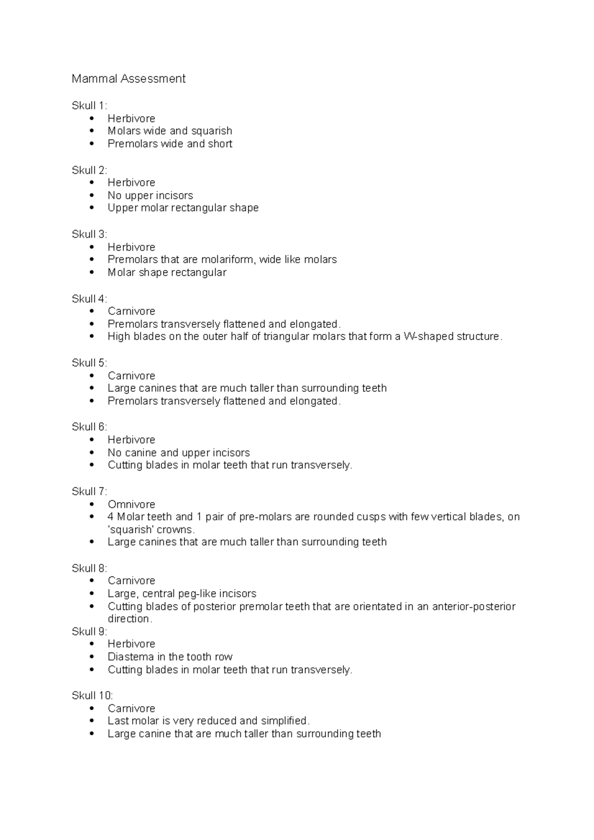 Mammal Assessment - Mammal Assessment Skull 1: Herbivore Molars wide ...