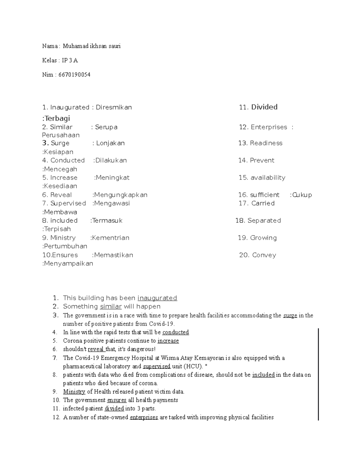 M.ikhsan .S (6670190054) sentence - Nama : Muhamad ikhsan sauri Kelas : IP 3 A Nim : 6670190054 ...