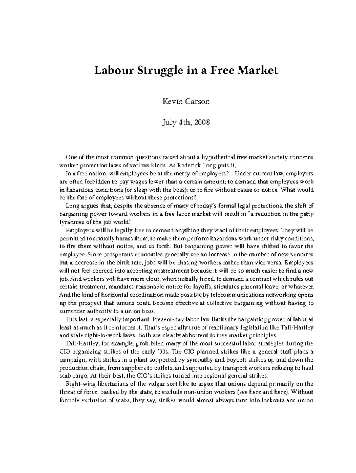 Kevin carson labour struggle in a free market - Labour Struggle in a ...