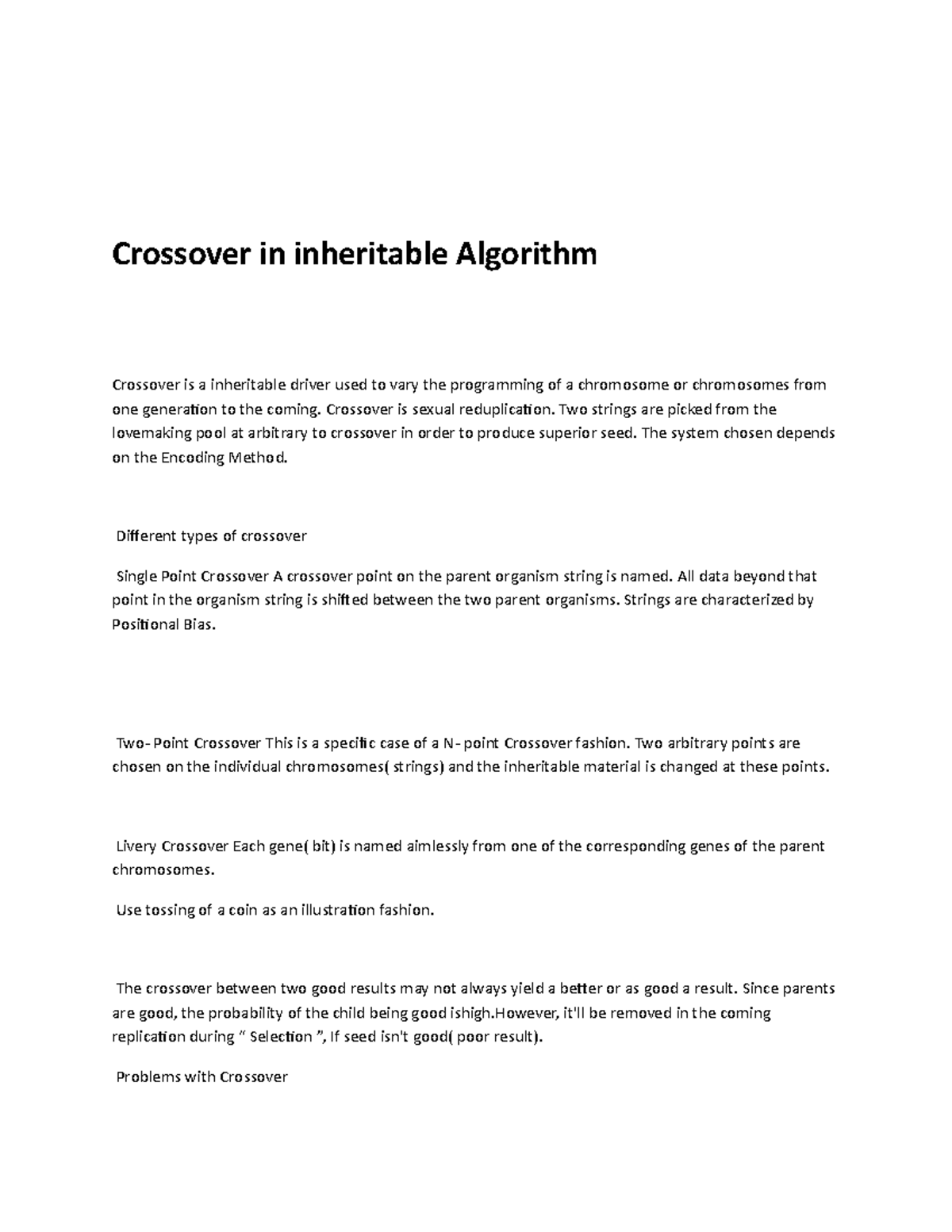 Crossover In Inheritable Algorithm Crossover In Inheritable Algorithm Crossover Is A