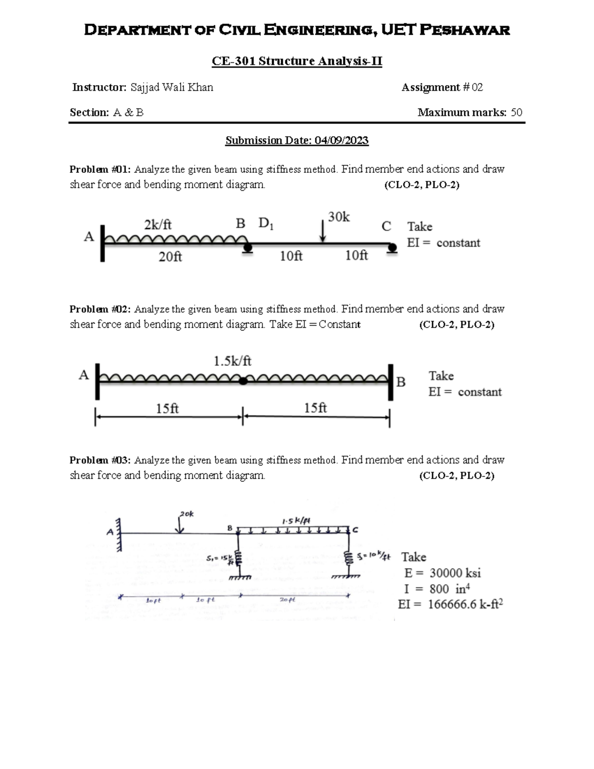 Assignment 02 Summer 2k3 - Department of Civil Engineering, UET Peshawar CE-301 Structure - Studocu