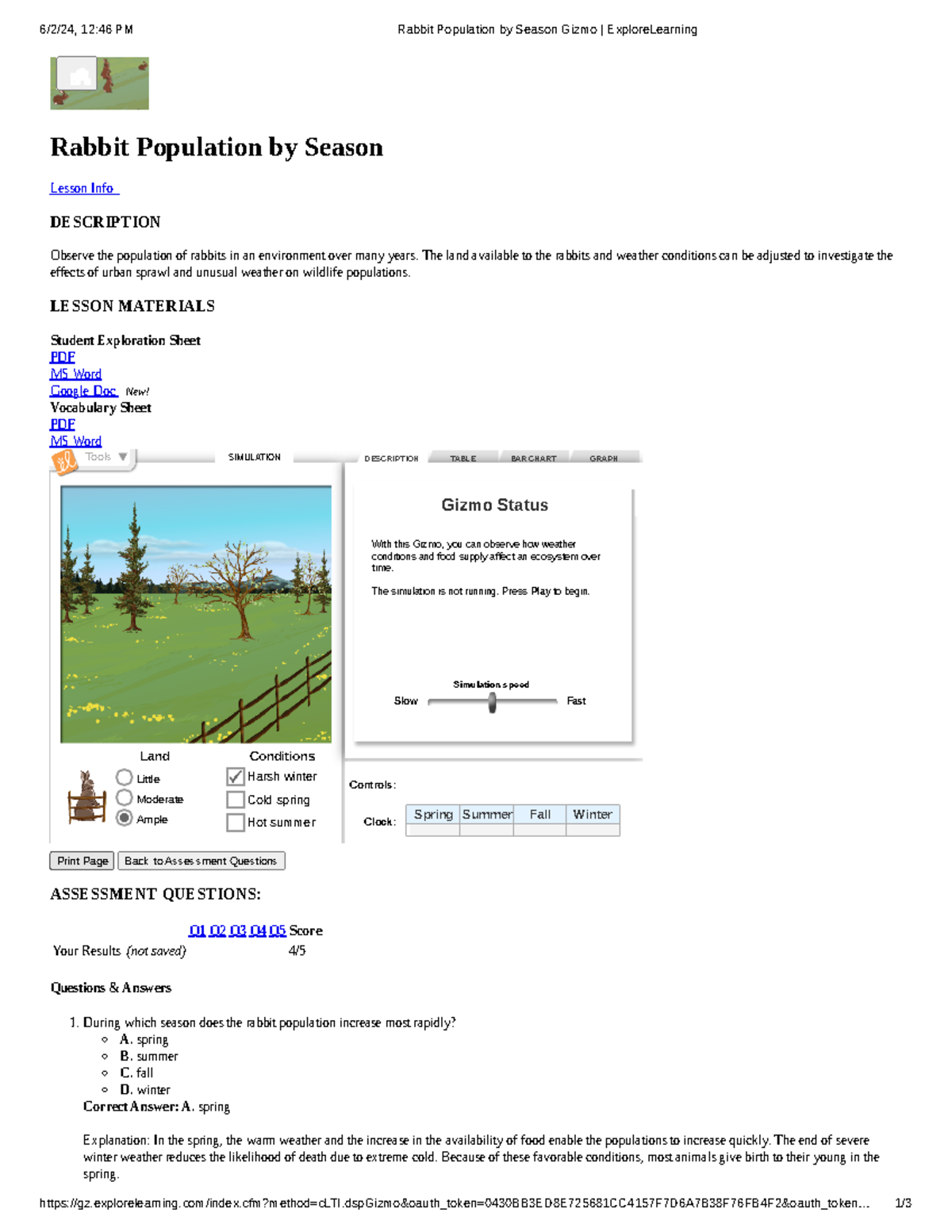 Rabbit Population by Season Gizmo Explore Learning - Rabbit Population ...